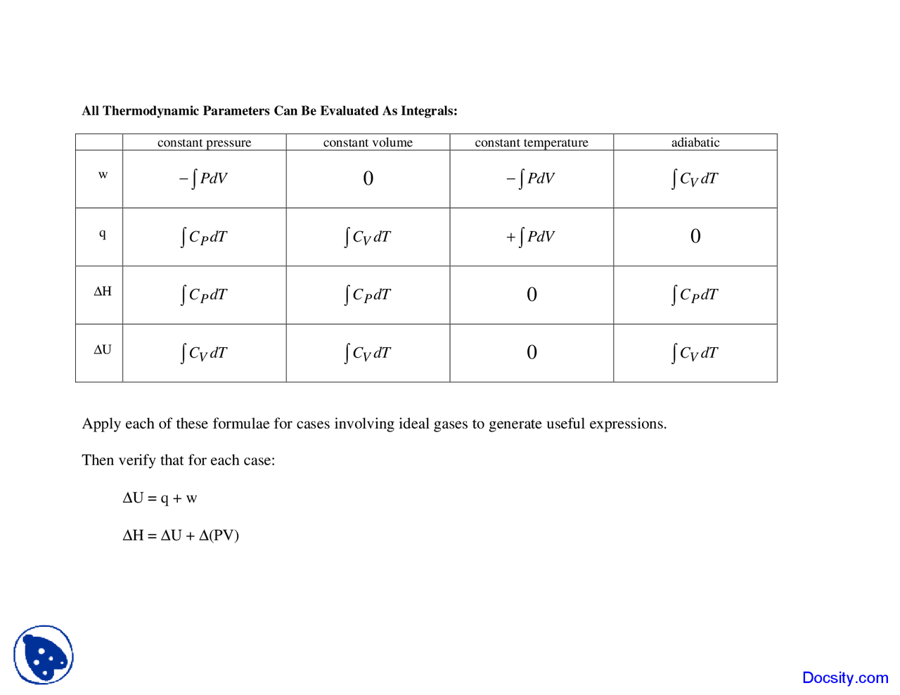 Thermodynamic Parameters Physical Chemistry Lab Handout Docsity