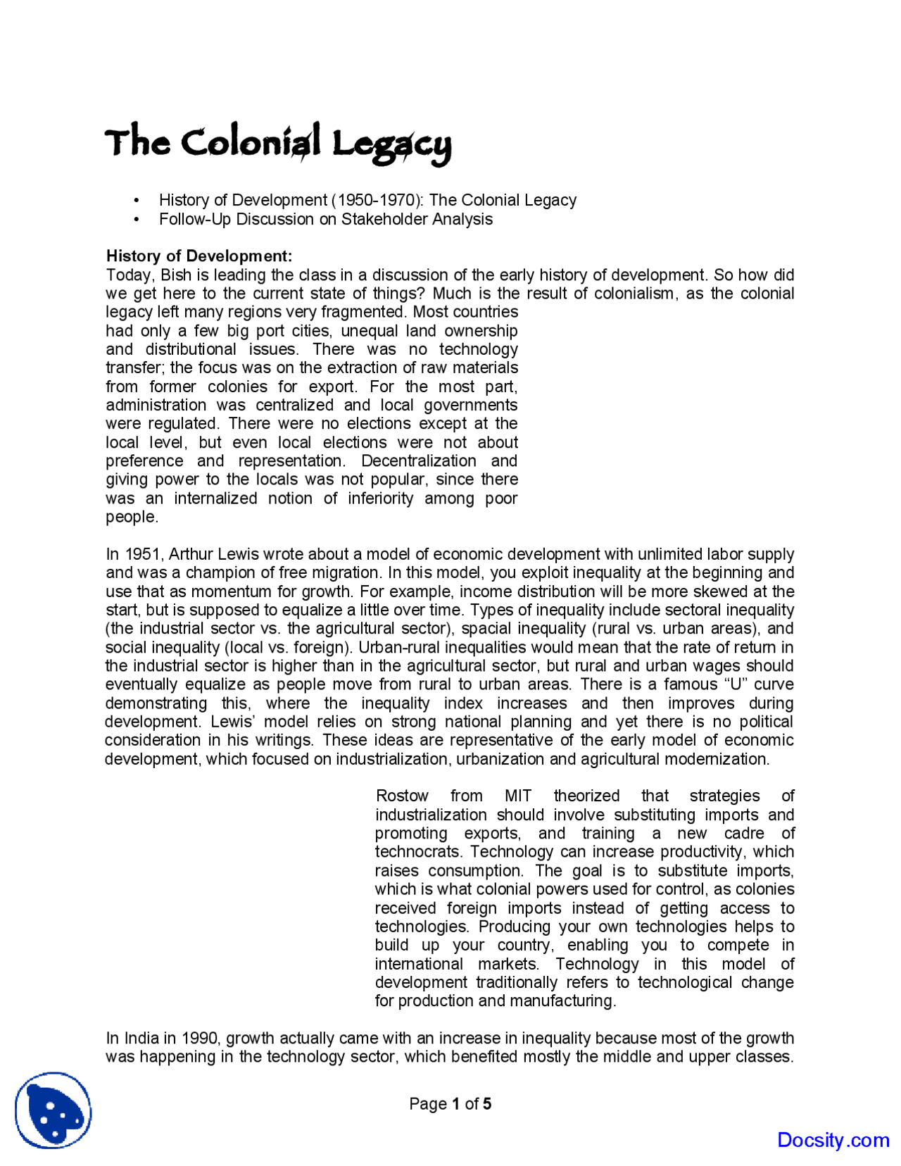 Colonial Legacy - Development - Lecture Notes - Docsity