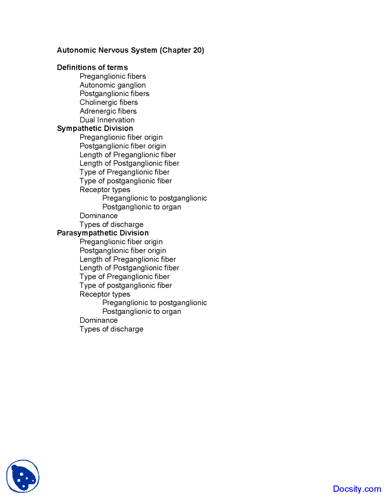 Autonomic Nervous System - Human Anatomy - Handout - Docsity