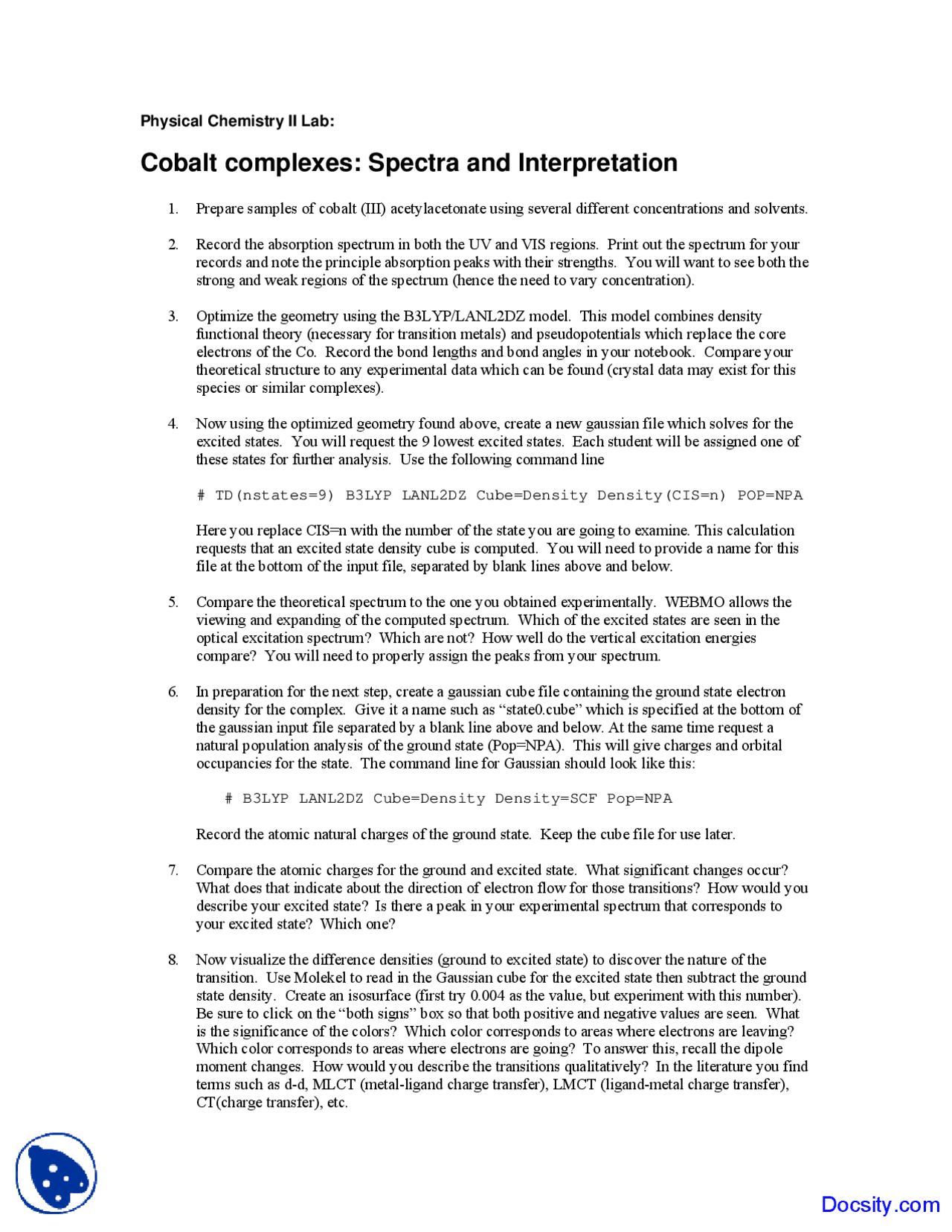 Cobalt Complexes Physical Chemistry Lab Handout Docsity