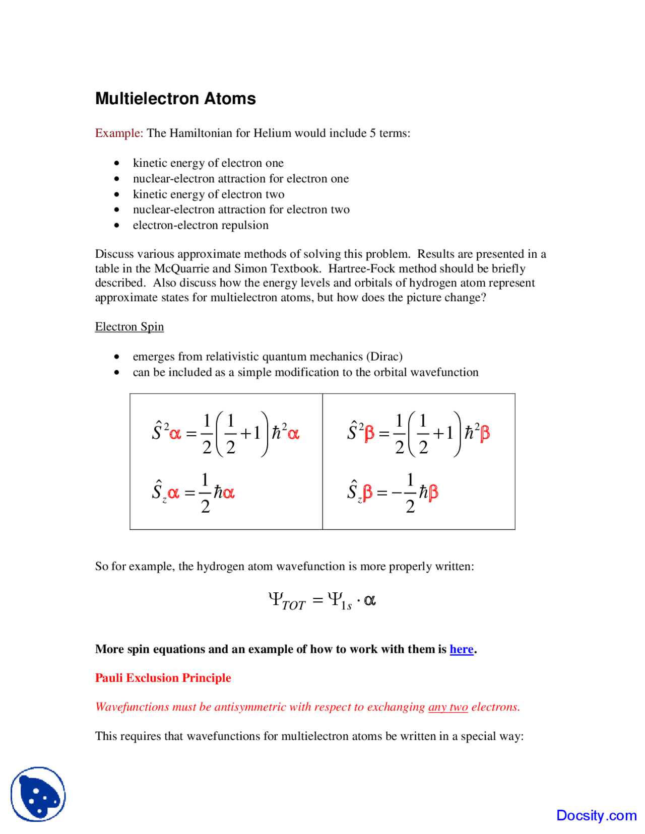 Multielectron Atoms Physical Chemistry Lecture Notes Docsity