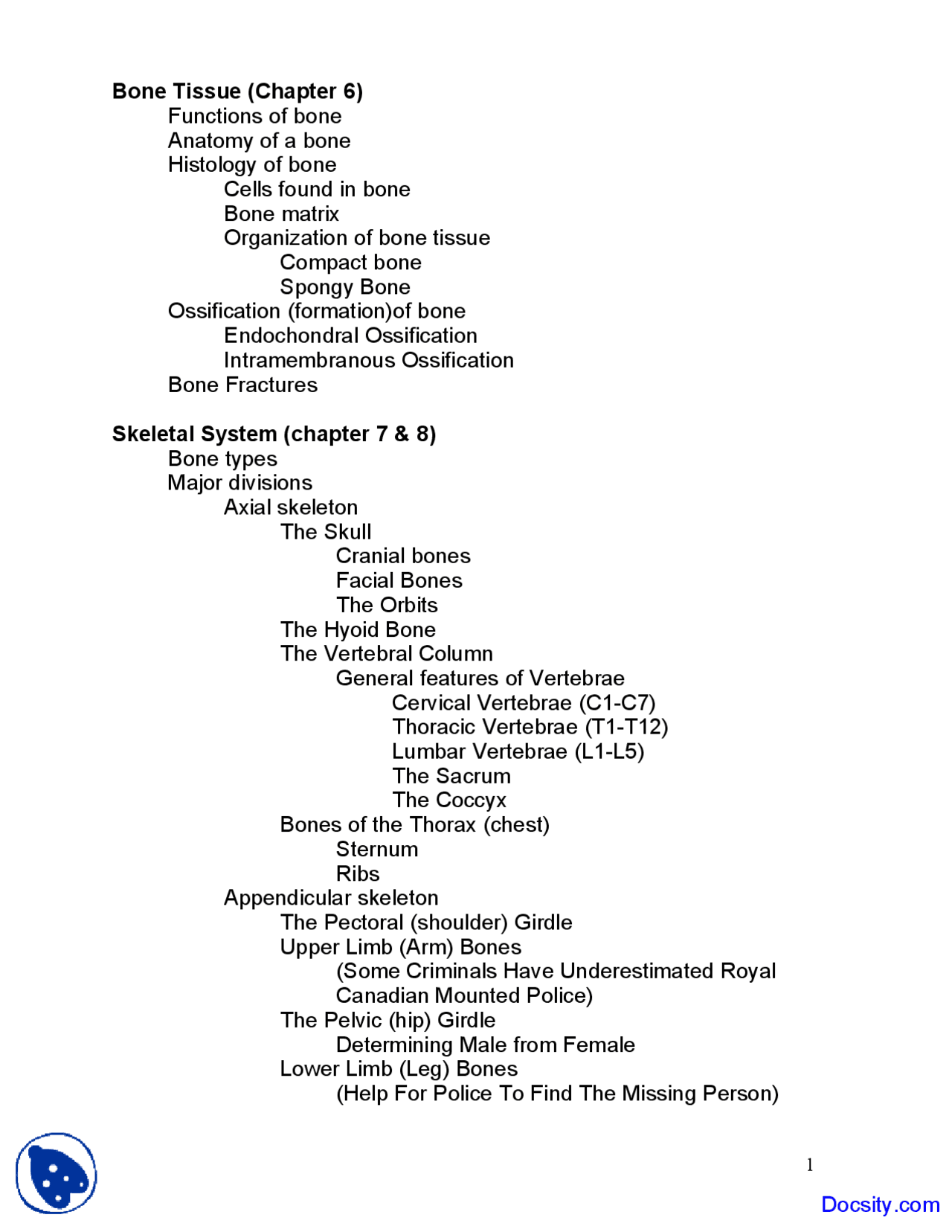 Bone Tissue - Human Anatomy - Handout - Docsity