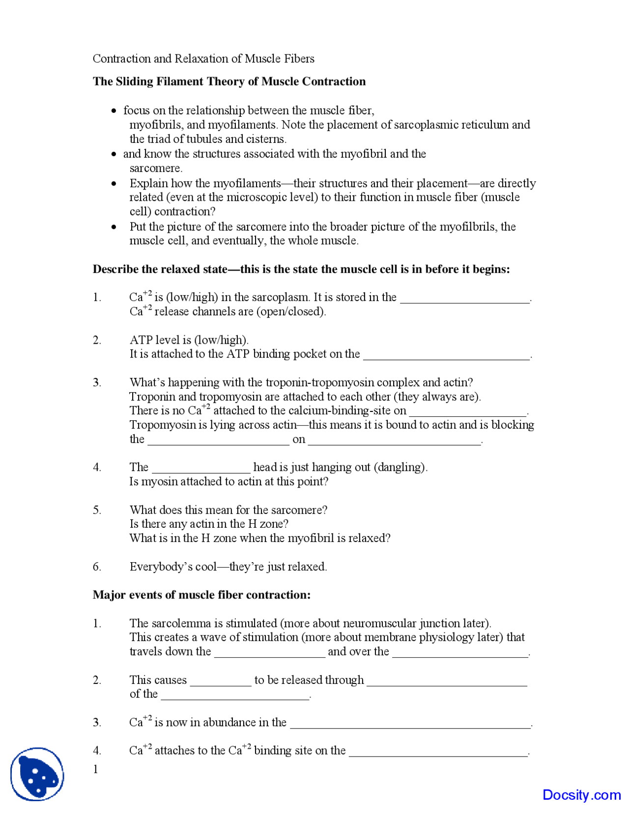 Relaxation of Muscle Fibers - Human Anatomy and Physiology - Quiz - Docsity