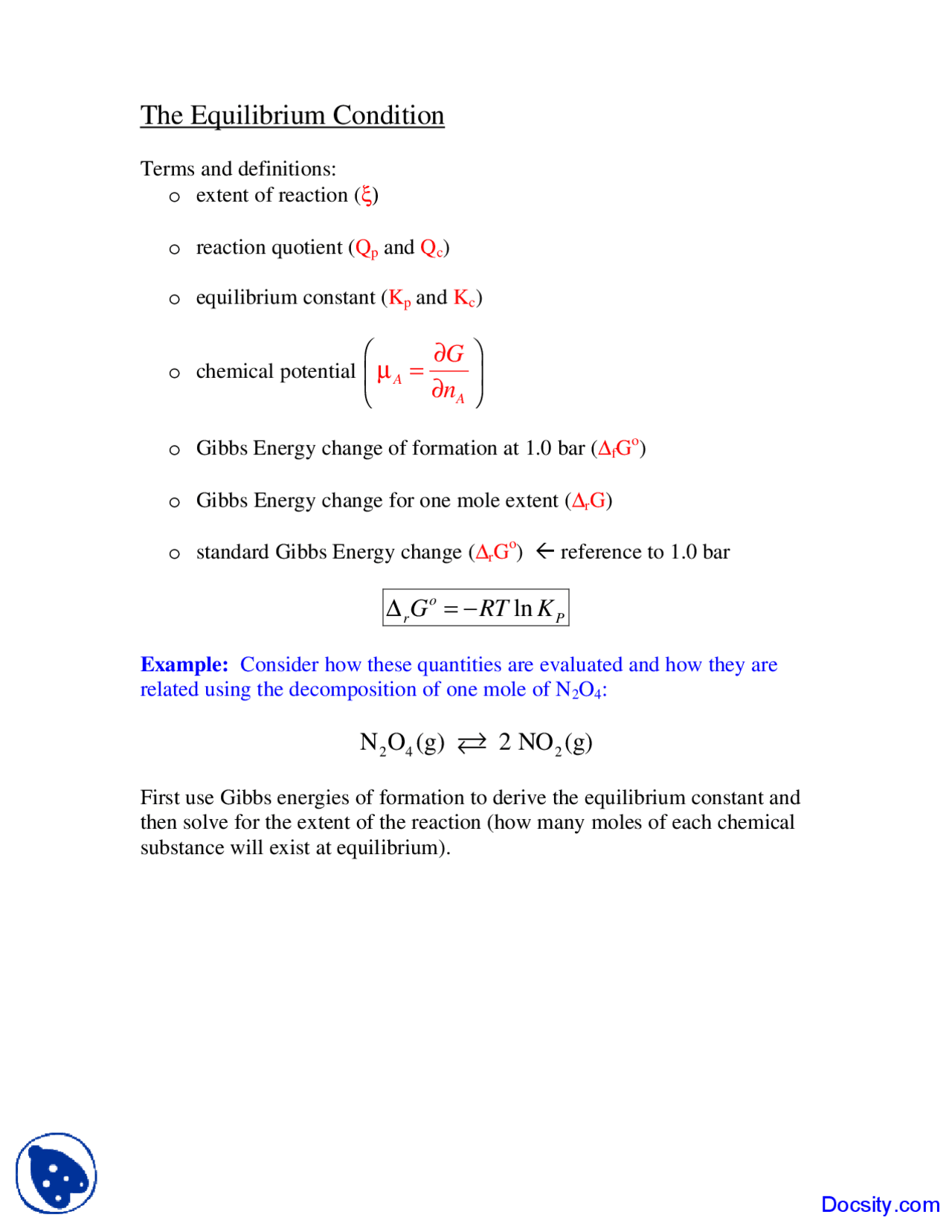 Equilibrium Condition Physical Chemistry Lecture Notes Docsity