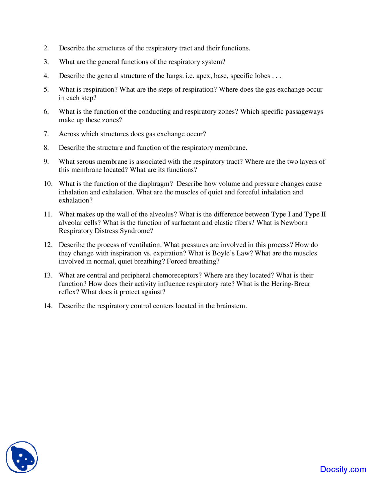 Structures of Respiratory Tract - Human Anatomy - Quiz - Docsity