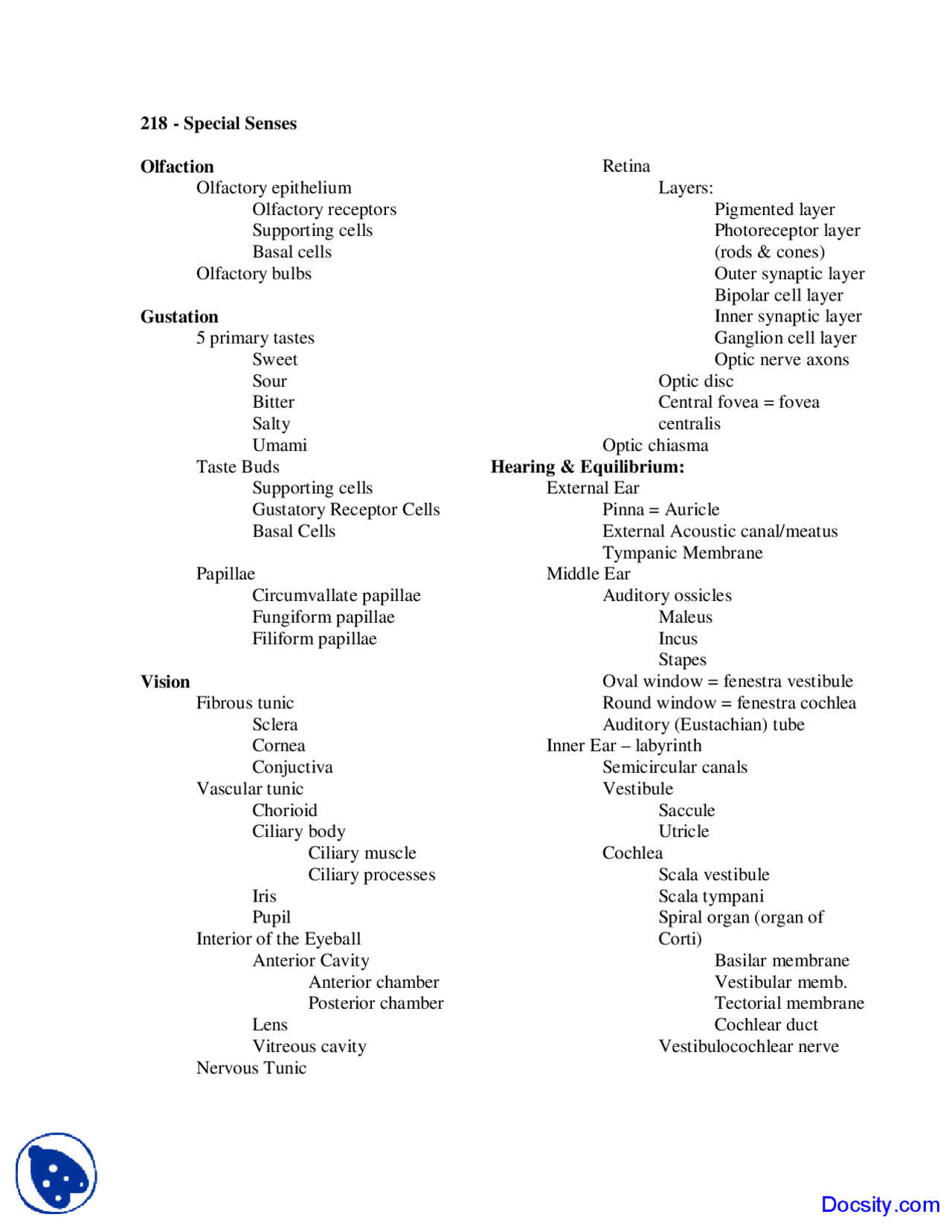 Special Senses - Human Anatomy - Handout - Docsity