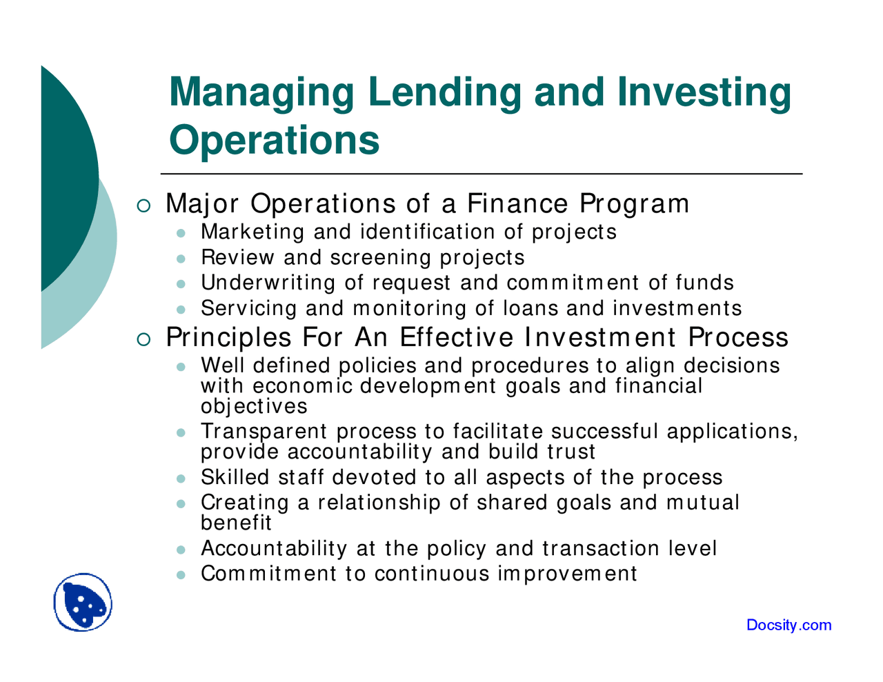 Managing Lending and Investing Operations - Financing Economic ...
