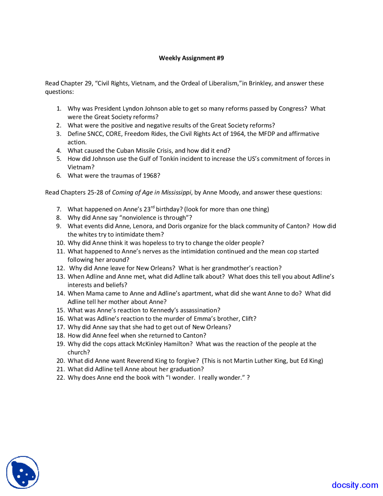 Civil Rights - History of United States - Assignment | Exercises United ...