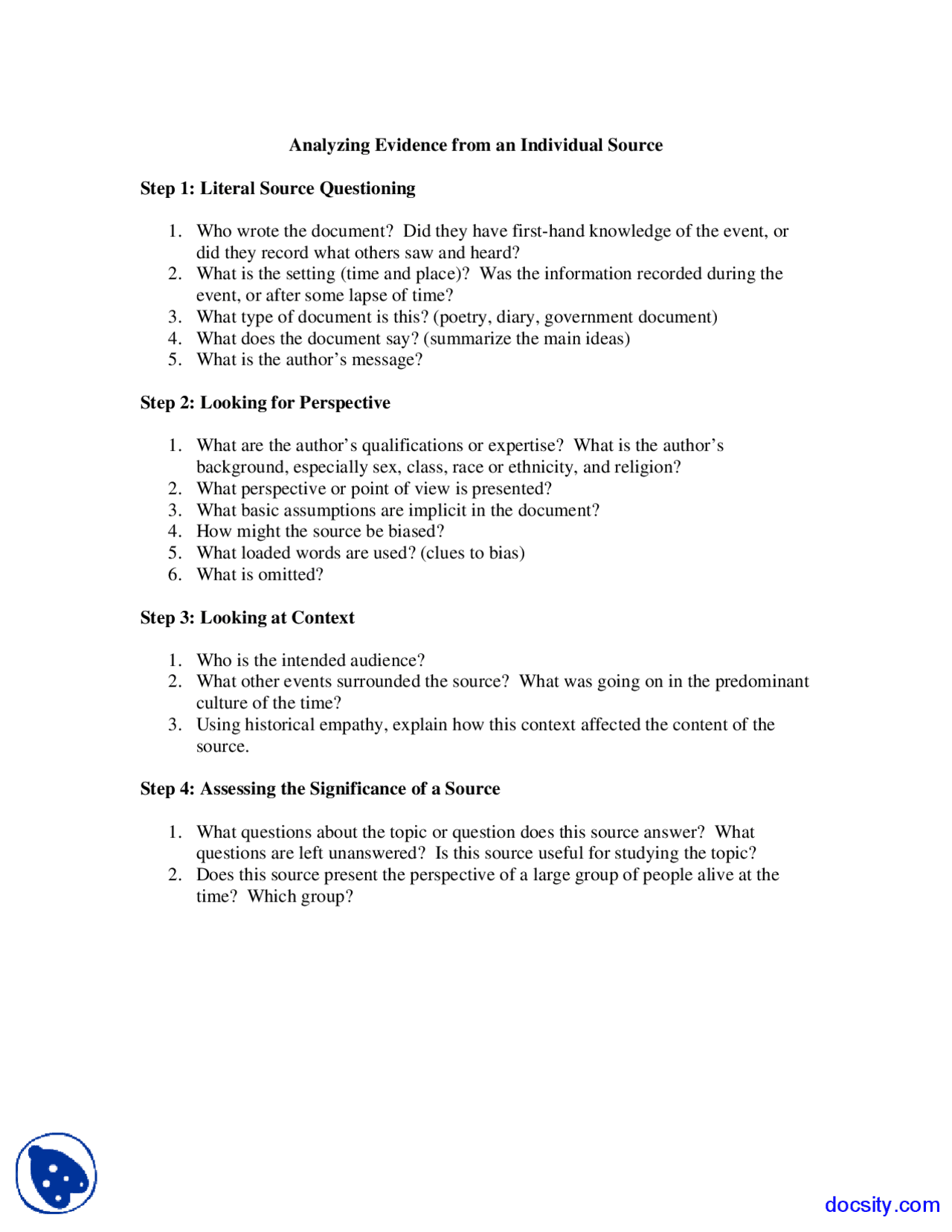 Analyzing Evidence History Of United States Lecture Notes Docsity