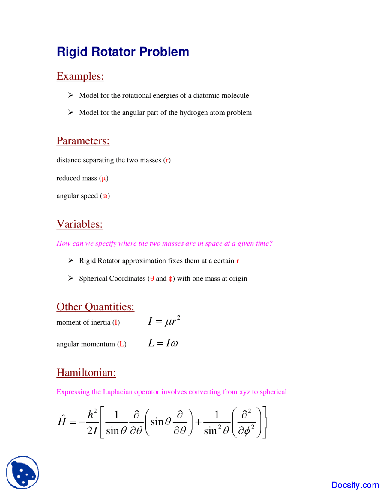 Rigid Rotator Problem - Physical Chemistry - Lecture Notes - Docsity