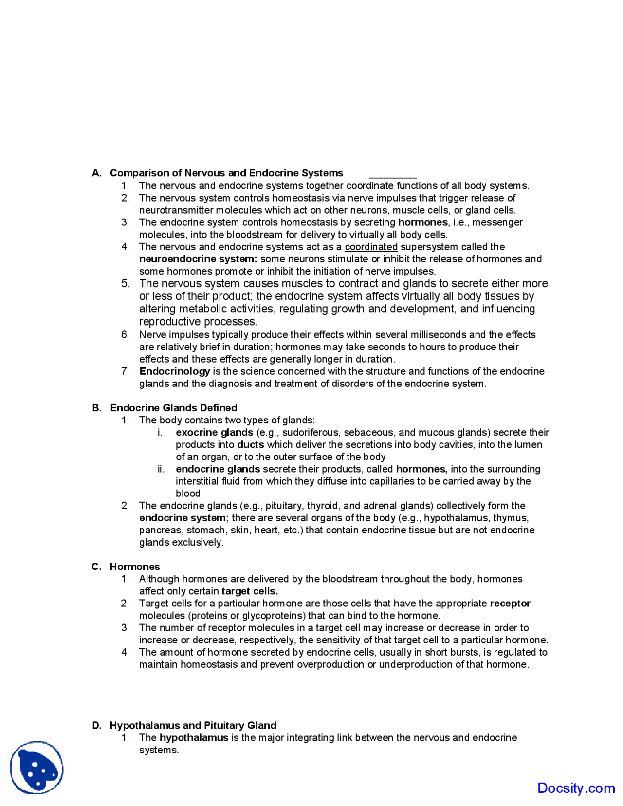 Nervous and Endocrine Systems - Human Anatomy - Lecture Notes | Study ...