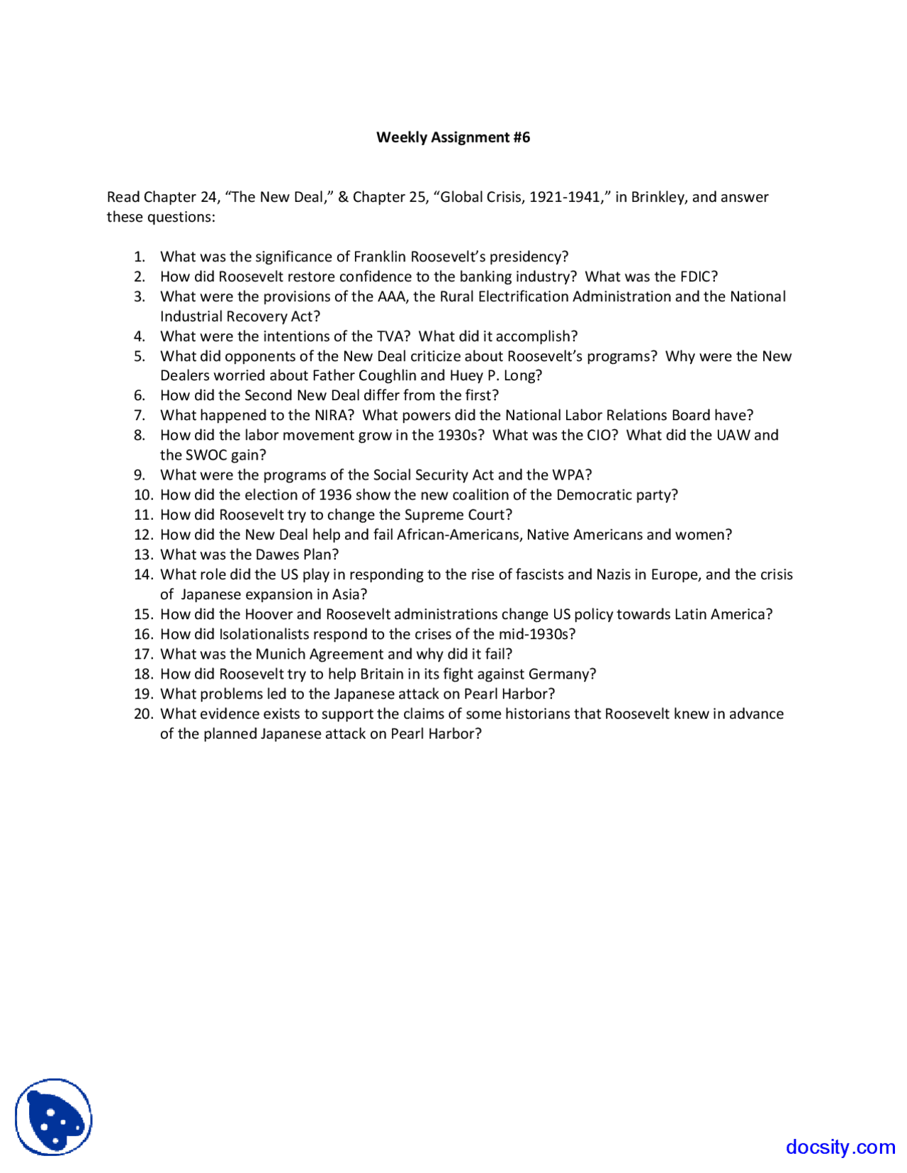 New Deal History Of United States Assignment Docsity
