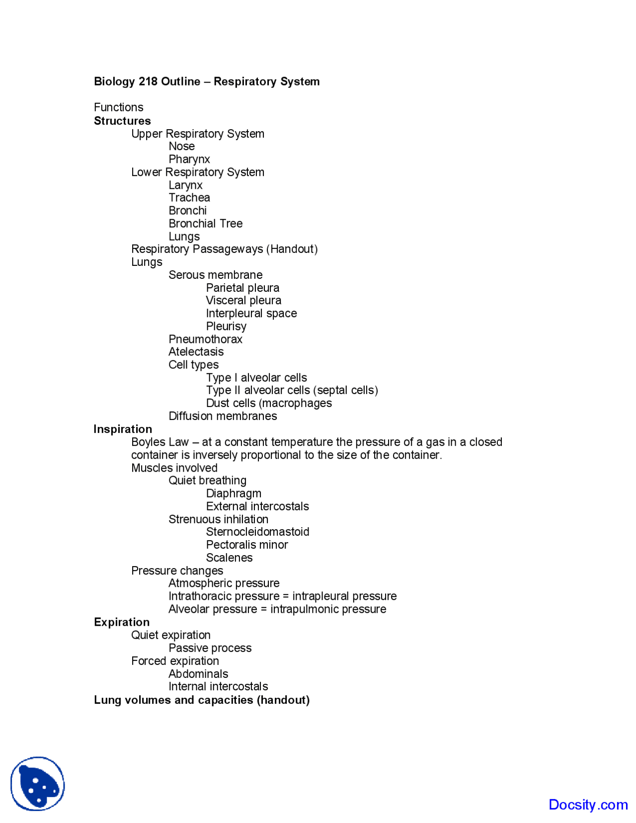 Respiratory System - Human Anatomy - Handout - Docsity