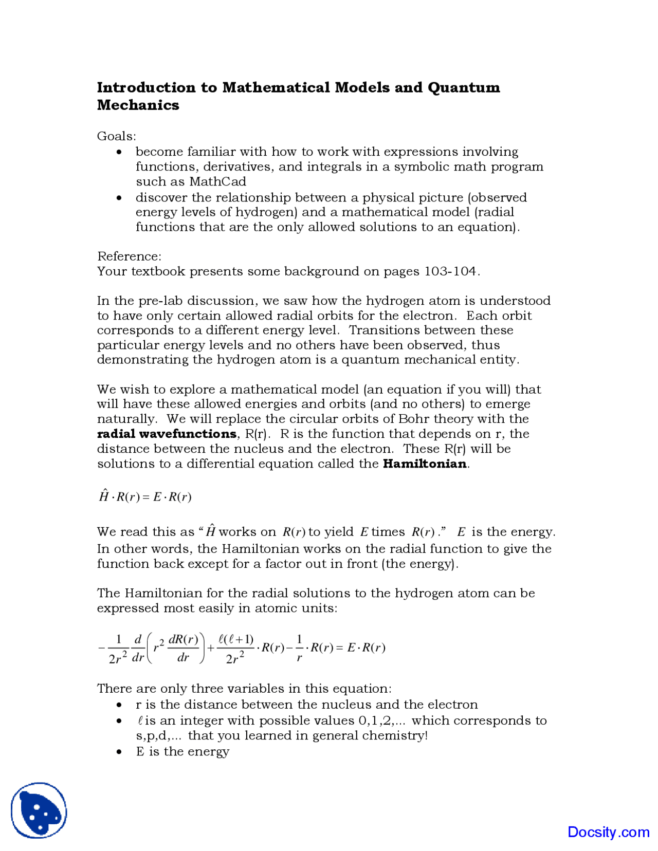 Mathematical Models Physical Chemistry Lecture Notes Docsity