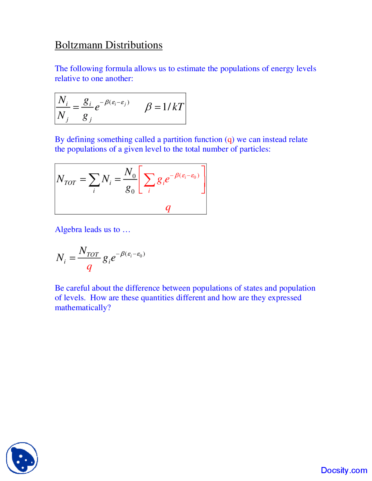 Boltzmann Distributions - Physical Chemistry - Lab Handout - Docsity