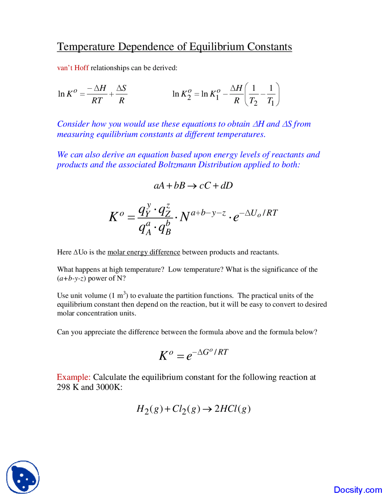 Equilibrium Constants Physical Chemistry Lecture Notes Docsity