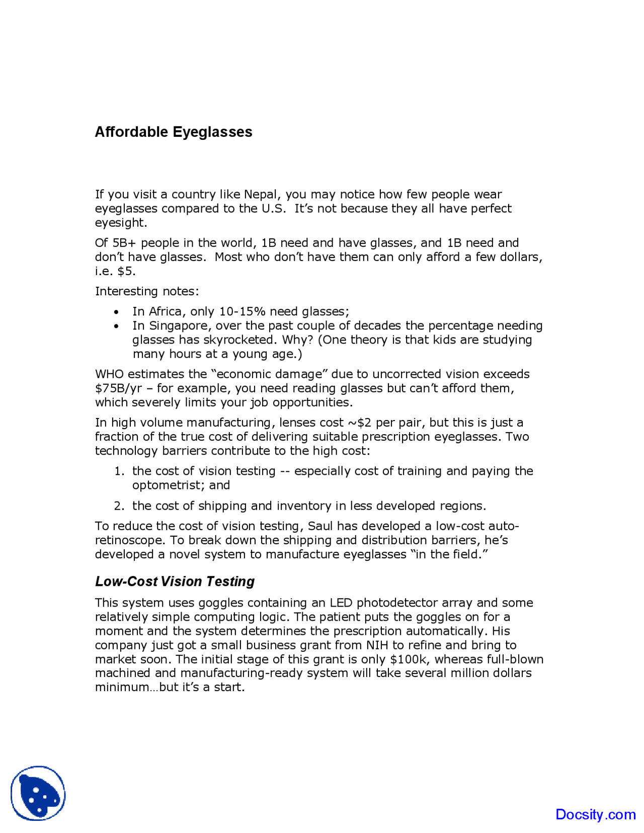 Affordable Eyeglasses Design And Dissemination Lecture Notes Docsity