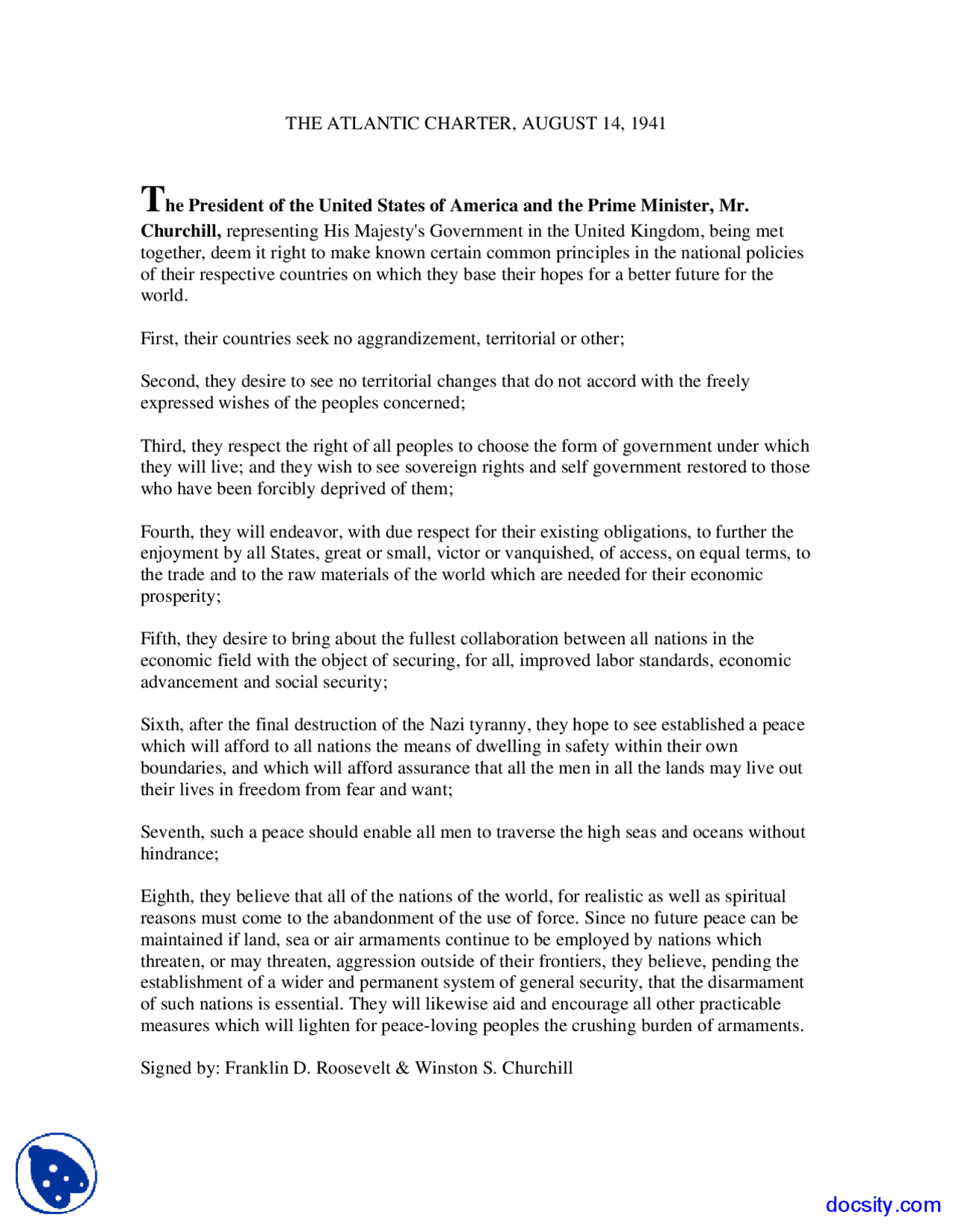 Atlantic Charter History Of United States Lecture Notes Docsity