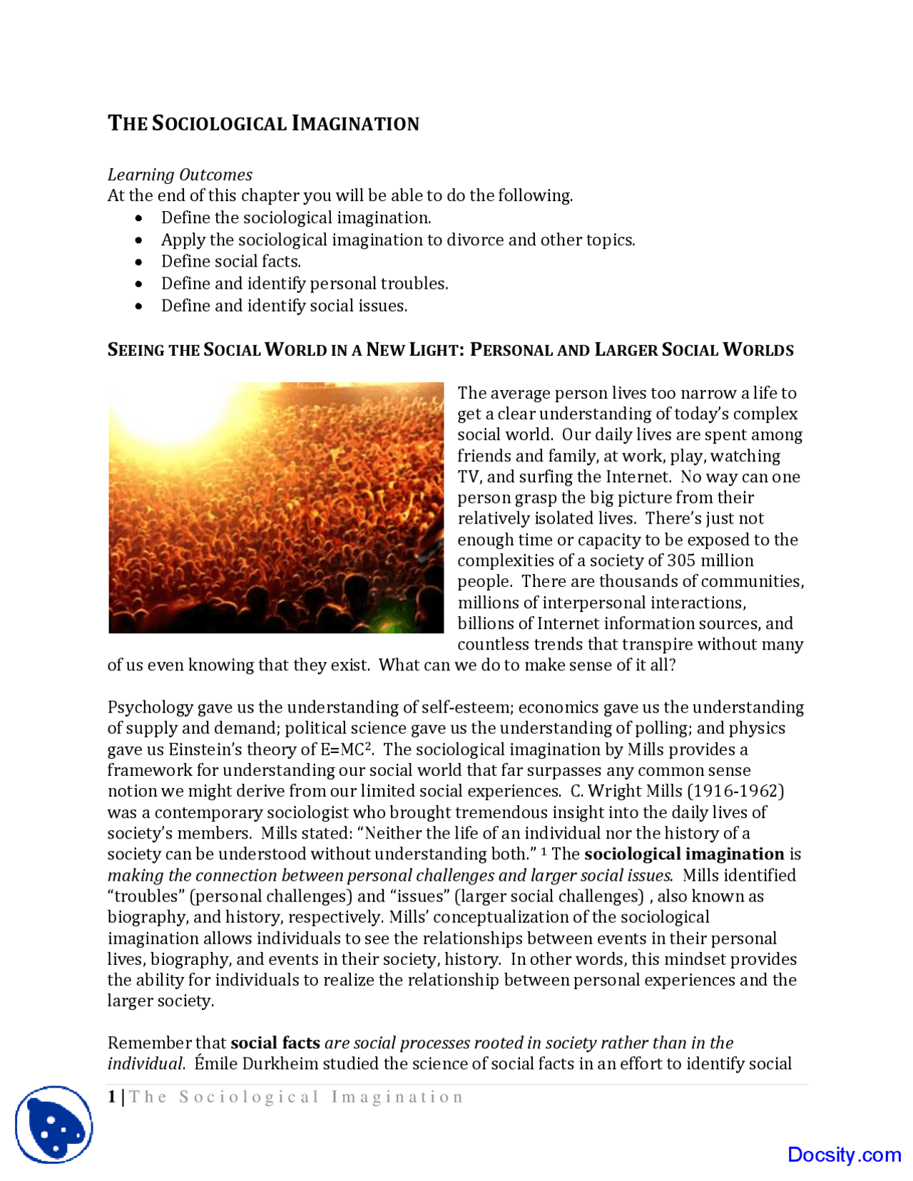 Sociological Imagination Basics Of Sociology Lecture Notes Docsity