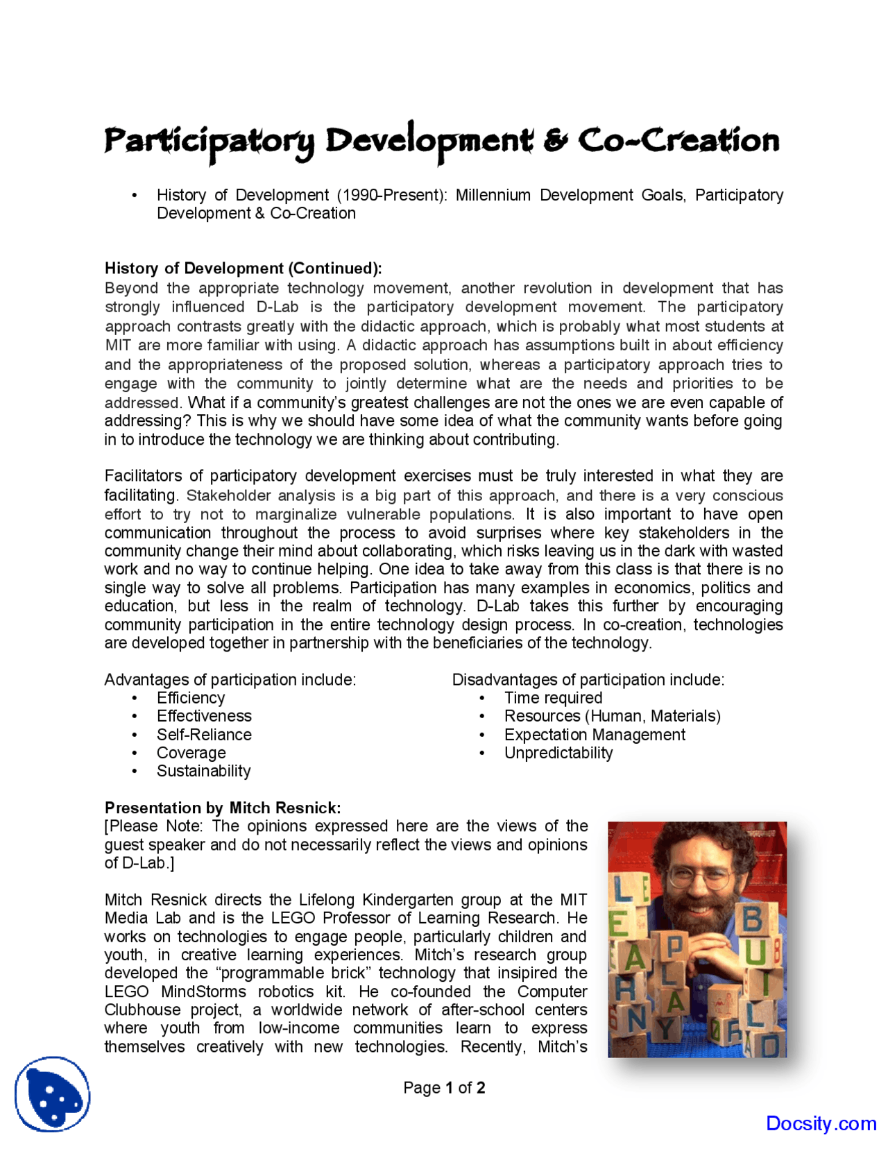 Participatory Development and Creation - Development - Lecture Notes ...