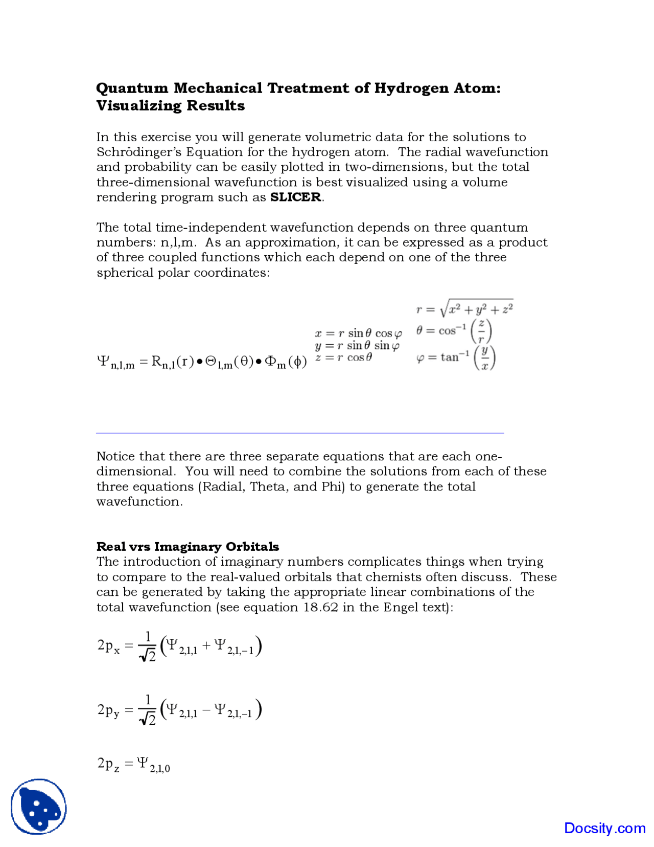 Treatment Of Hydrogen Atom Physical Chemistry Lecture Notes Docsity