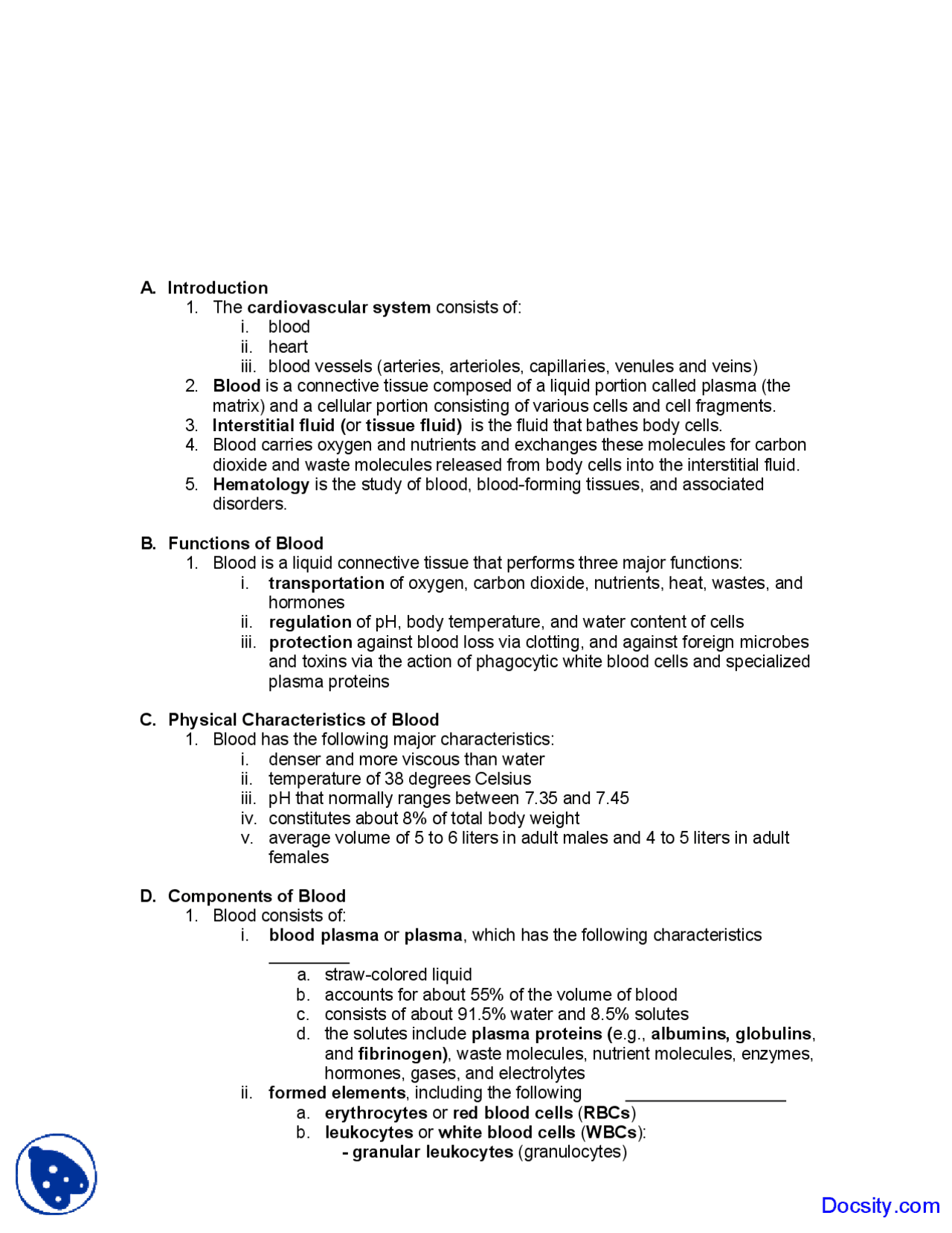 Functions of Blood - Human Anatomy - Lecture Notes - Docsity