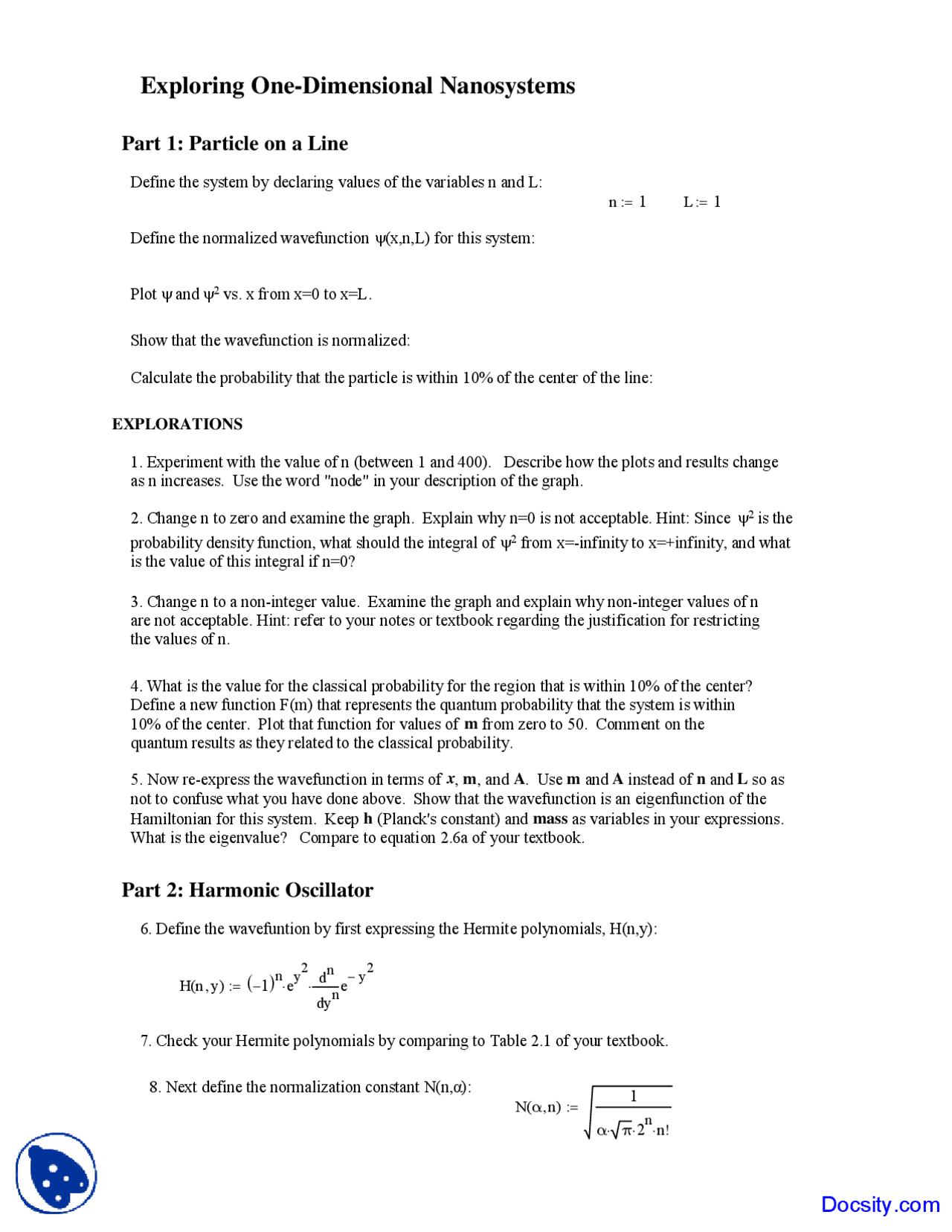 One Dimensional Nanosystems Physical Chemistry Lab Handout Docsity