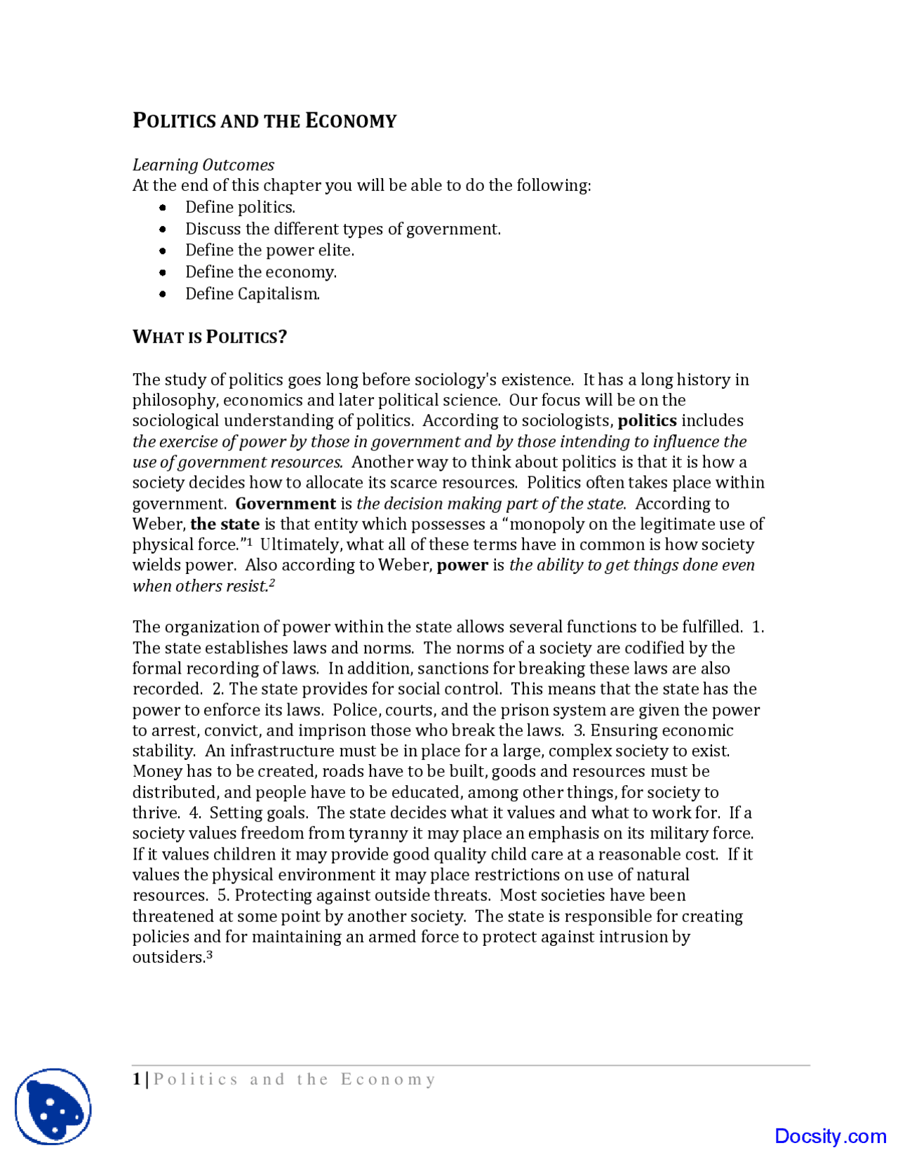 Politics And The Economy Basics Of Sociology Lecture Notes Docsity