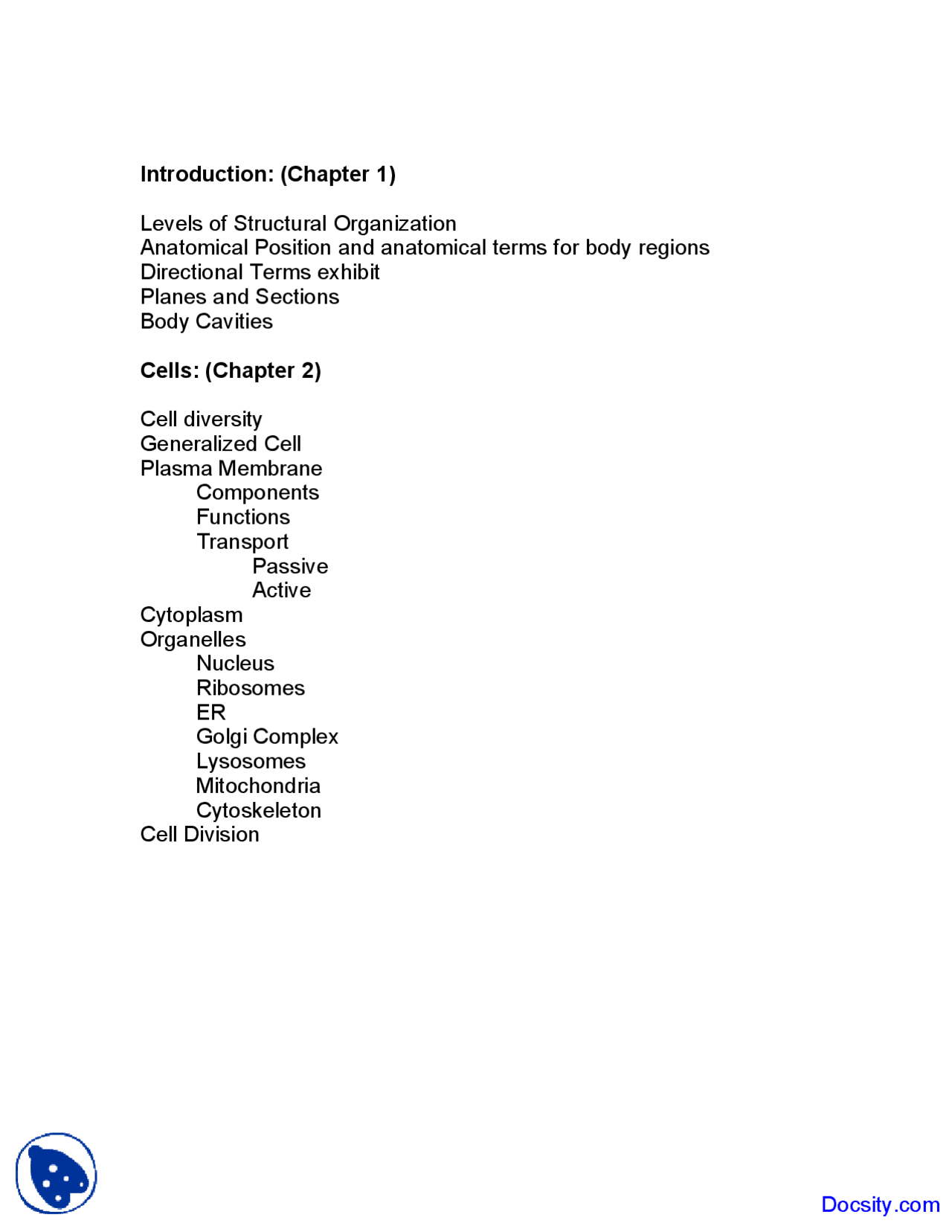 Levels of Structural Organization - Human Anatomy - Handout - Docsity