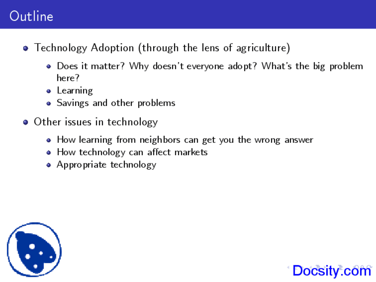 Technology Adoption - Microeconomic Issues and Policy Models - Lecture Slides - Docsity