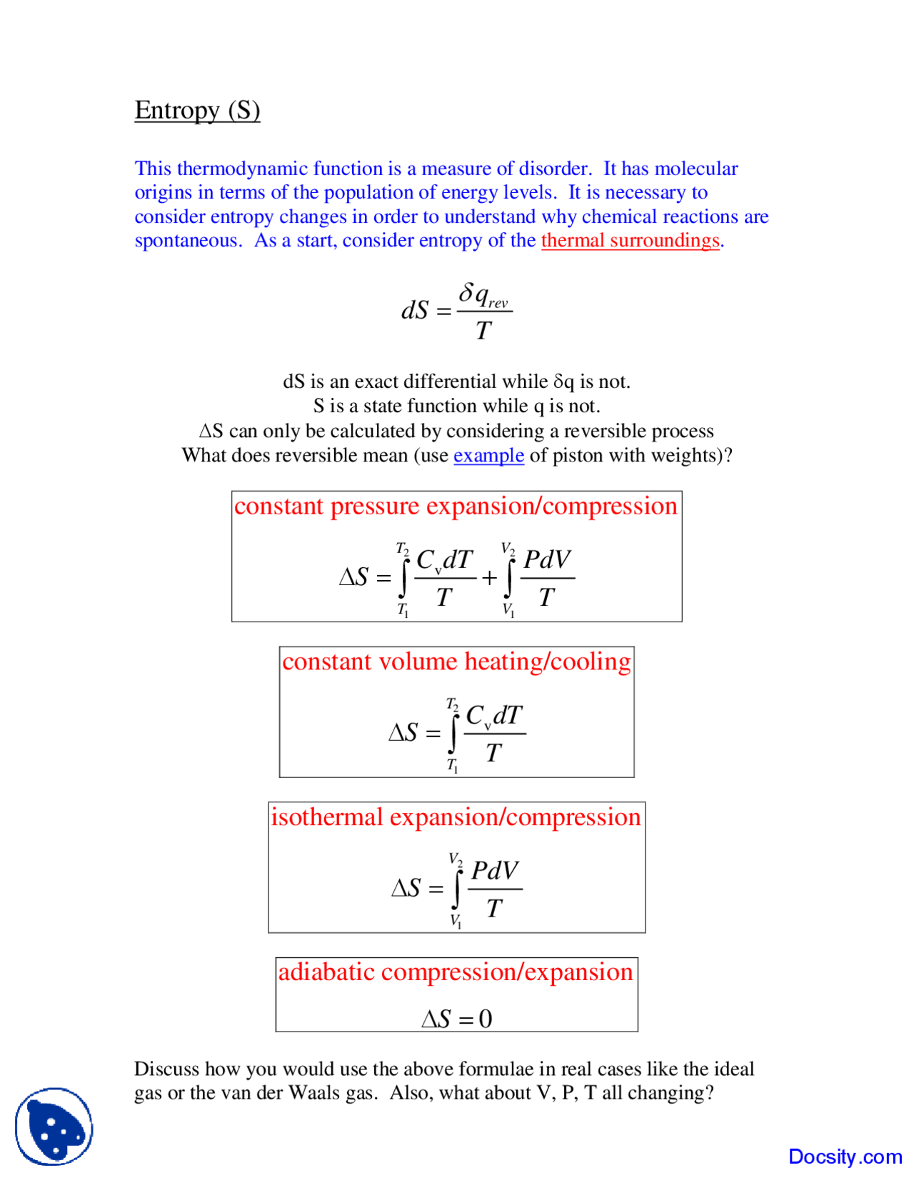 Entropy Physical Chemistry Lecture Notes Docsity