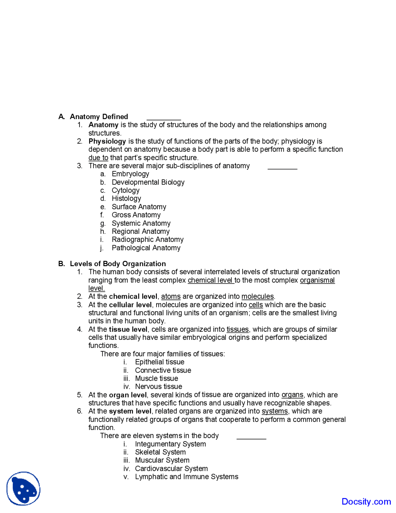 Levels Of Body Organization Human Anatomy Lecture Notes Docsity