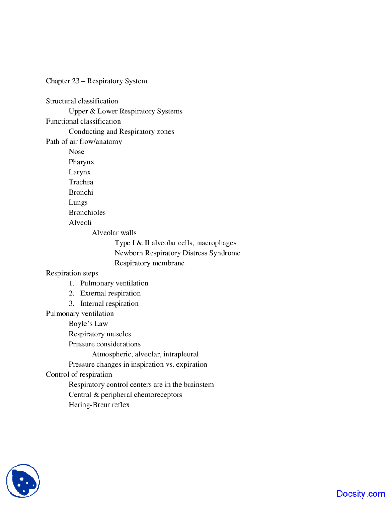 Lower Respiratory Systems - Human Anatomy - Handout - Docsity