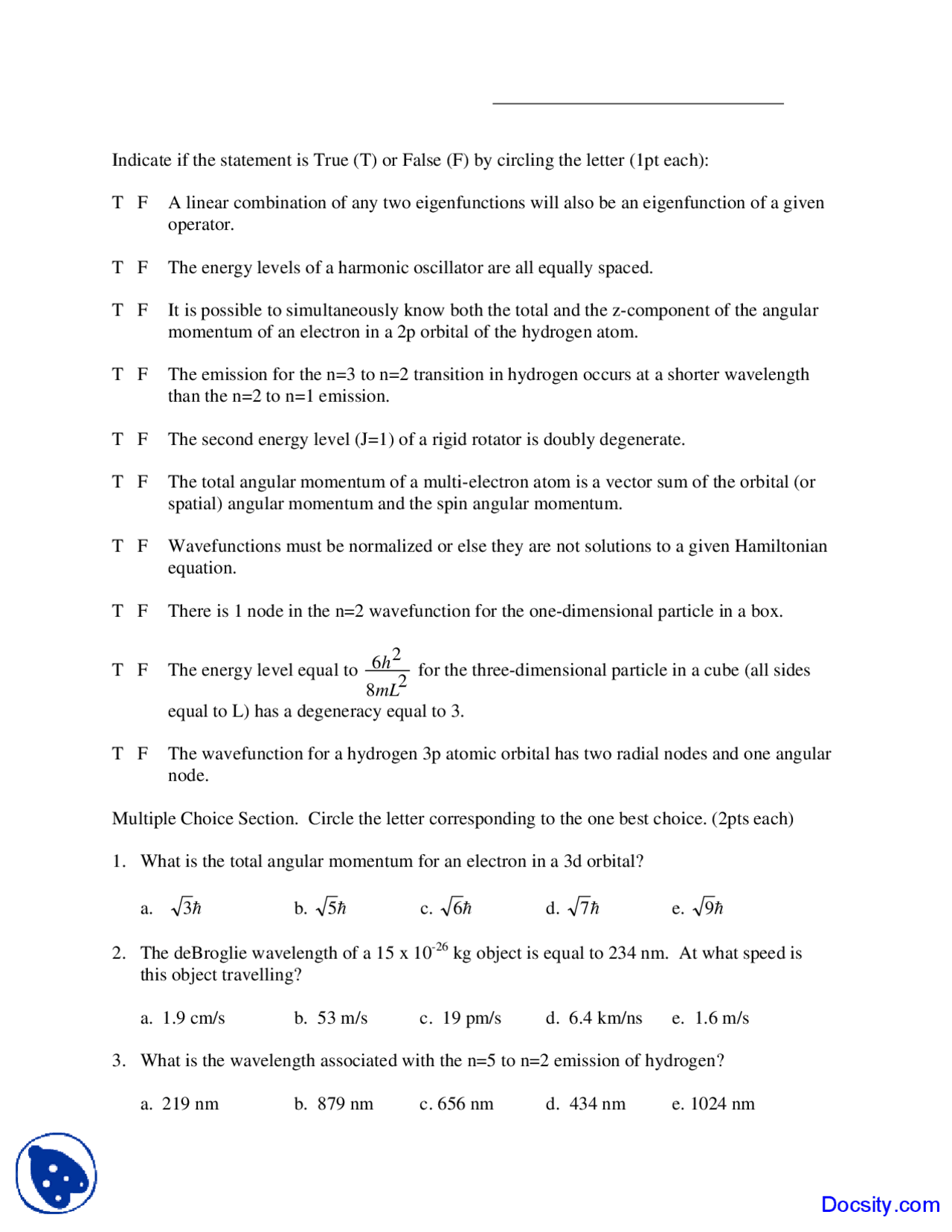 Linear Combination Of Eigenfunctions Physical Chemistry Quiz Docsity