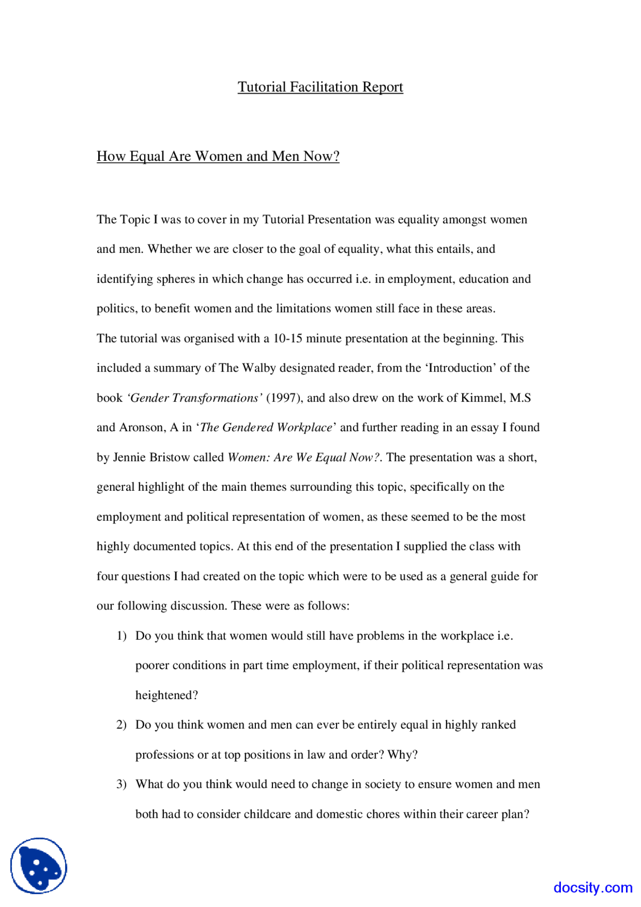 Goal Of Equality Femininity And Masculinity Lecture Notes Docsity