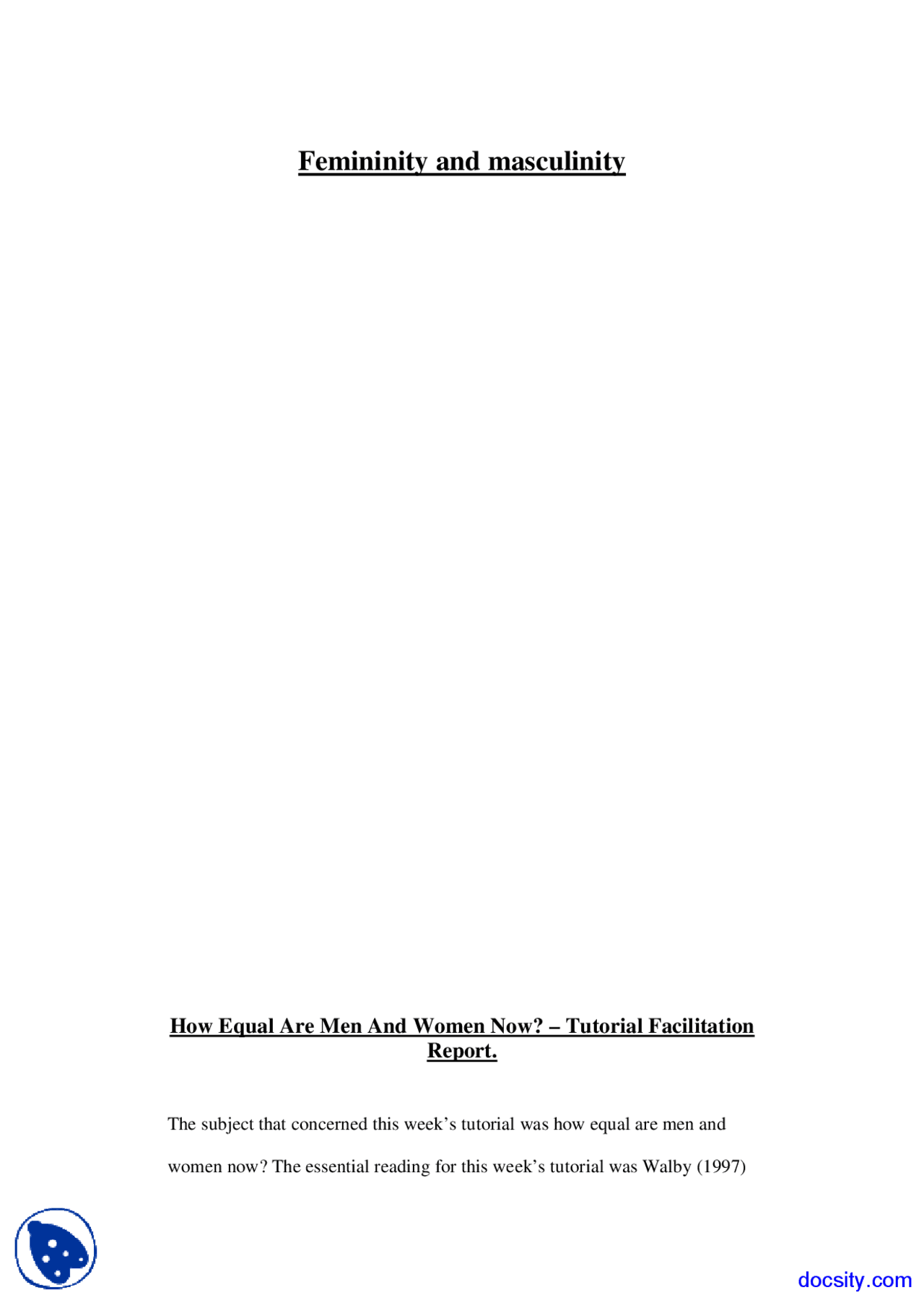 Gender Inequality Femininity And Masculinity Lecture Notes Docsity