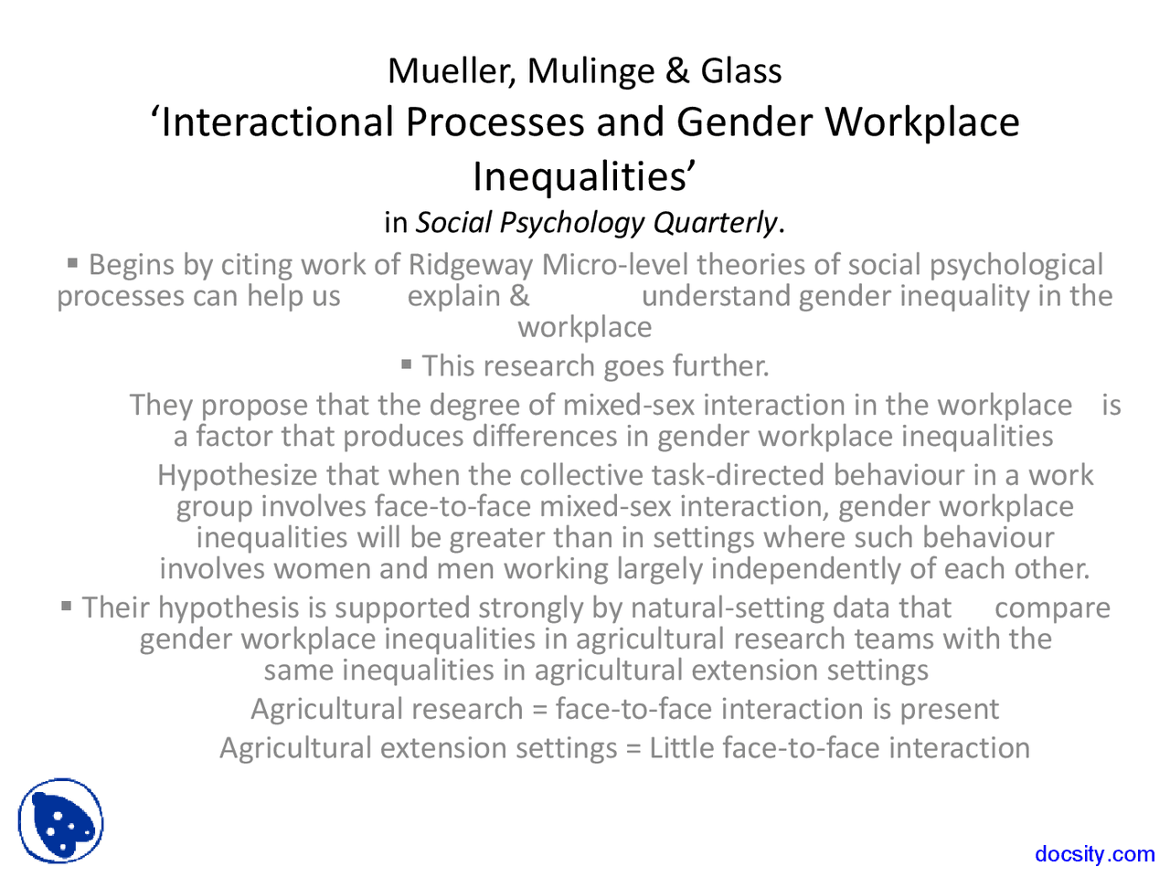 Workplace Interactional Processes Gender Inequality Lecture Slides