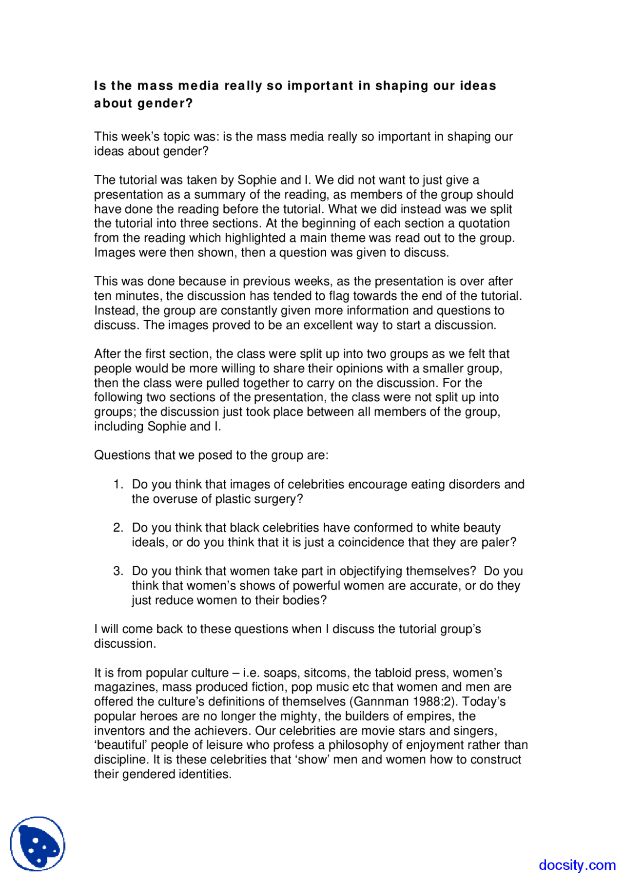 Media And Gender Femininity And Masculinity Lecture Notes Docsity