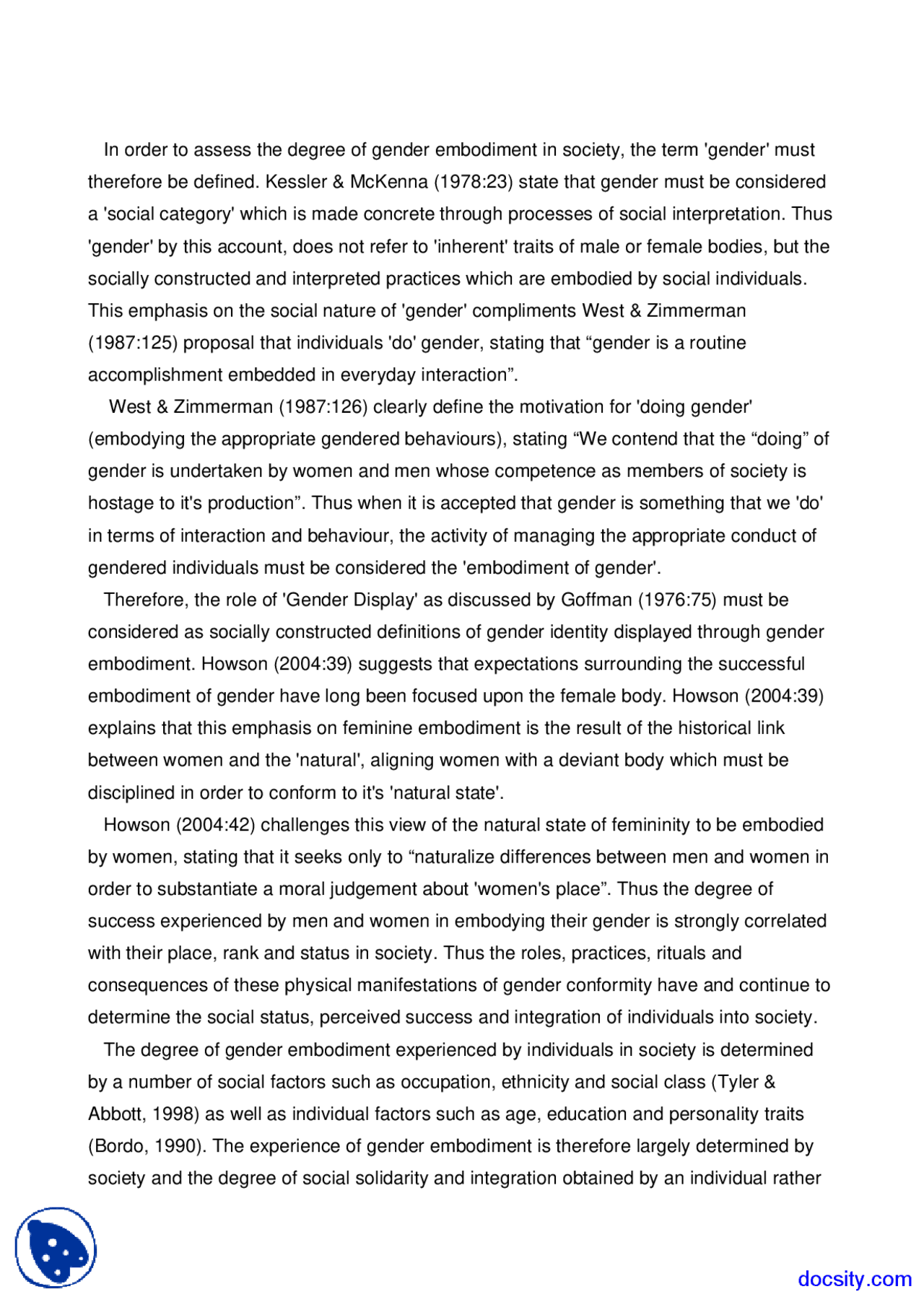 Gender Embodiment Femininity And Masculinity Lecture Notes Docsity