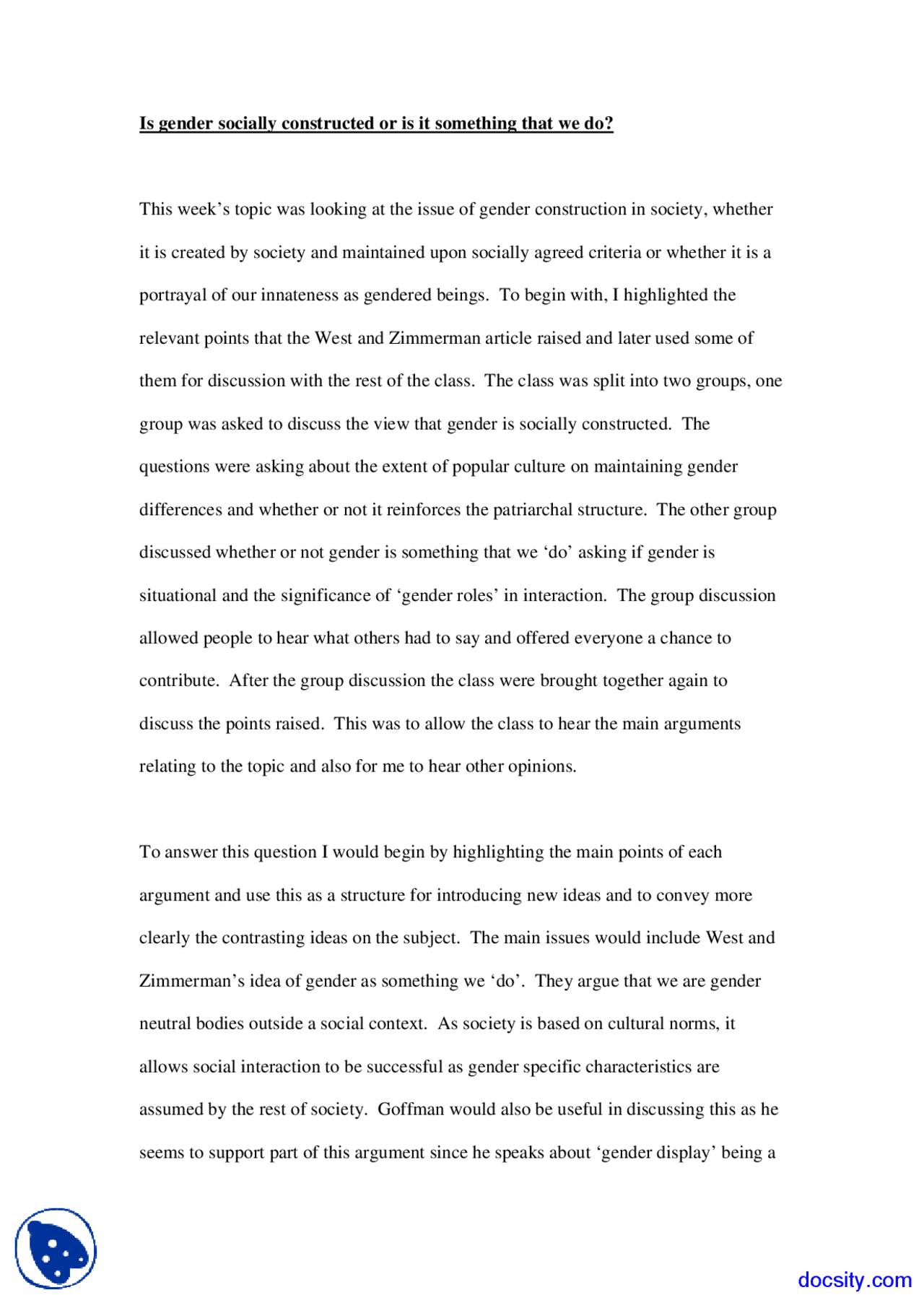 Gender Construction Femininity And Masculinity Lecture Notes Docsity