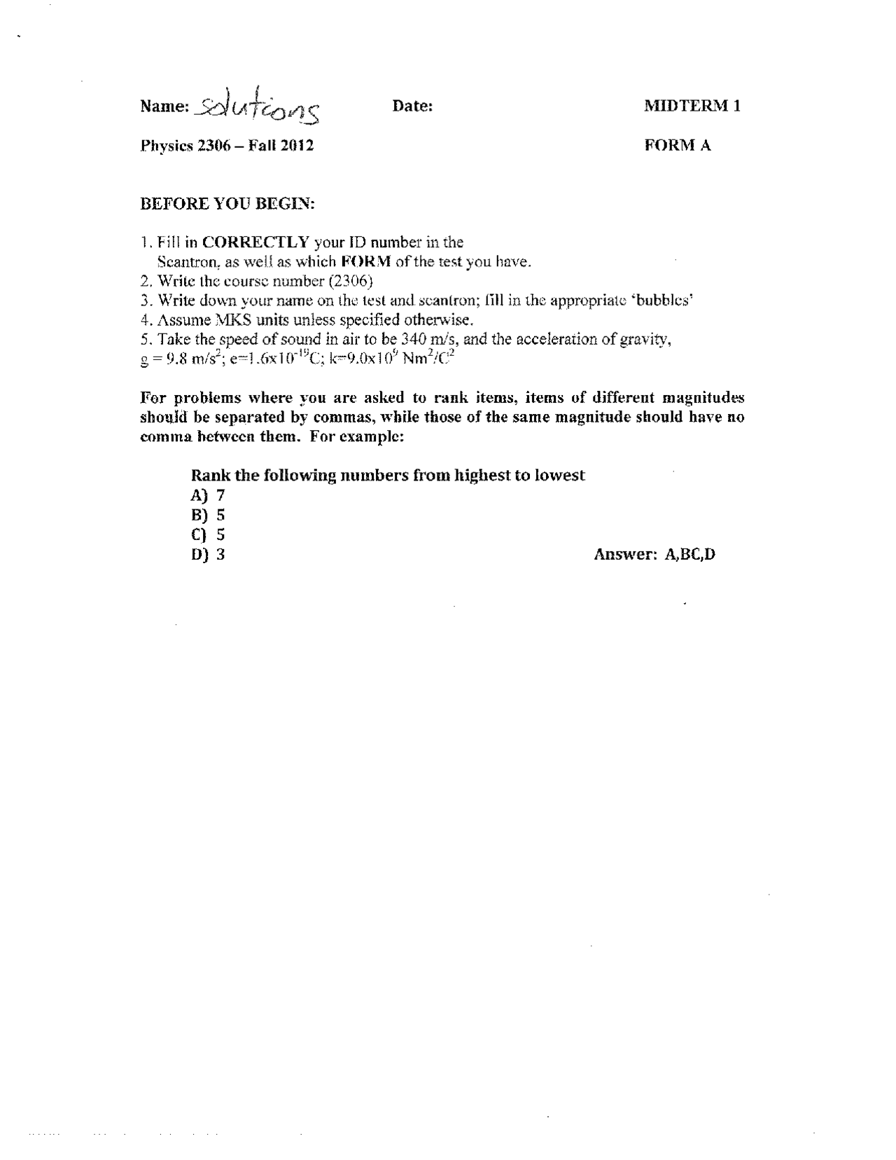 Exam 1 Solutions Foundations Of Physics I Phys 2306 Docsity