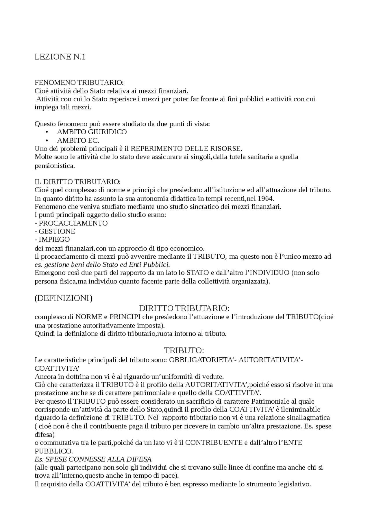 Definizioni generali di tributo - Lezioni - Diritto Tributario - Docsity