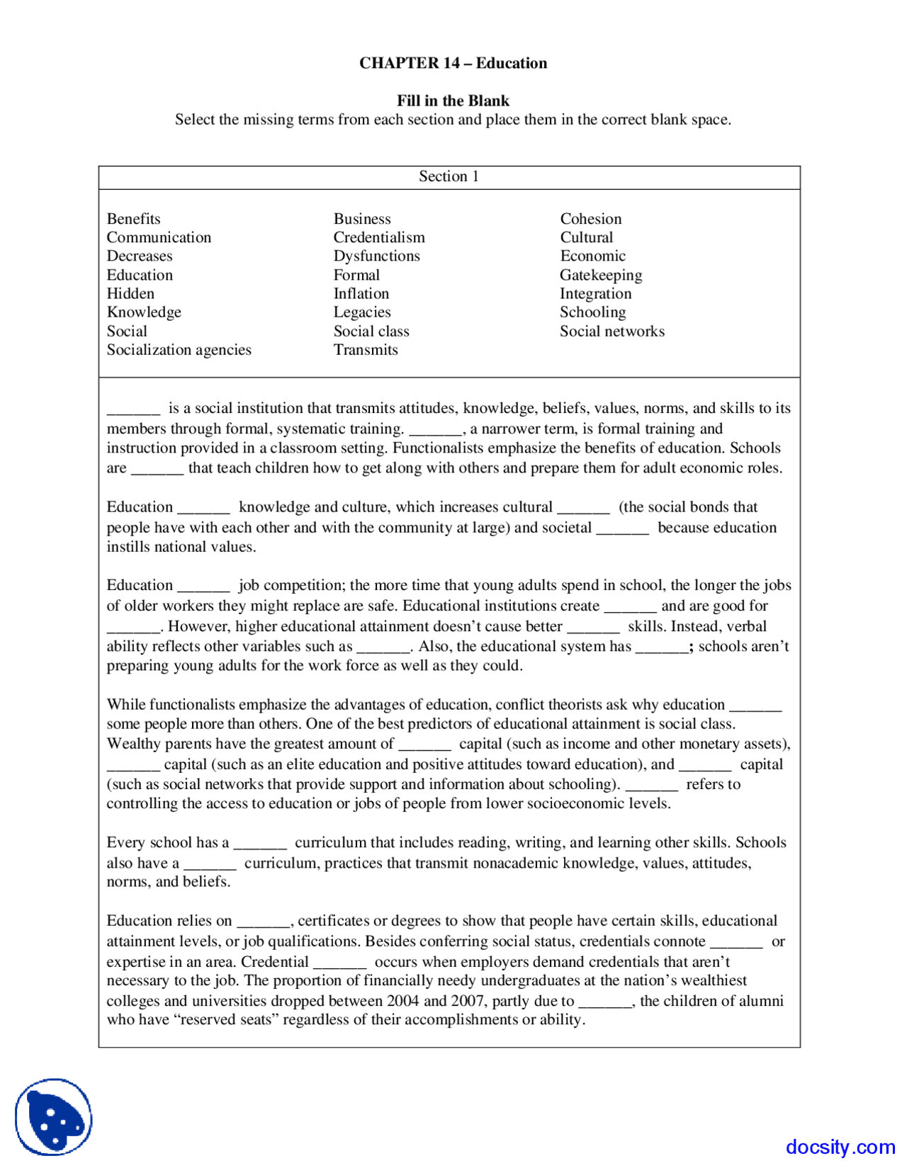 Education Sociological Imagination Quiz Exercises Sociology Docsity