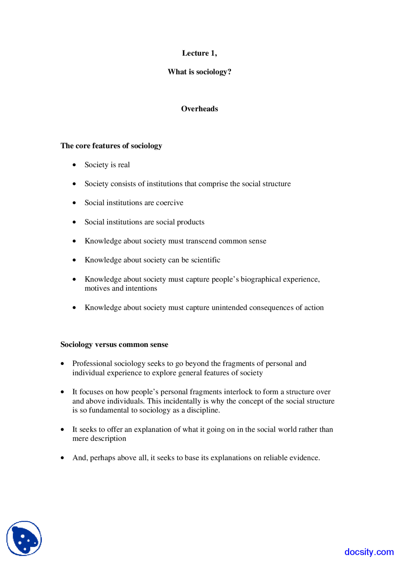 Core Featuressociety Introduction To Sociology Lecture Notes Docsity