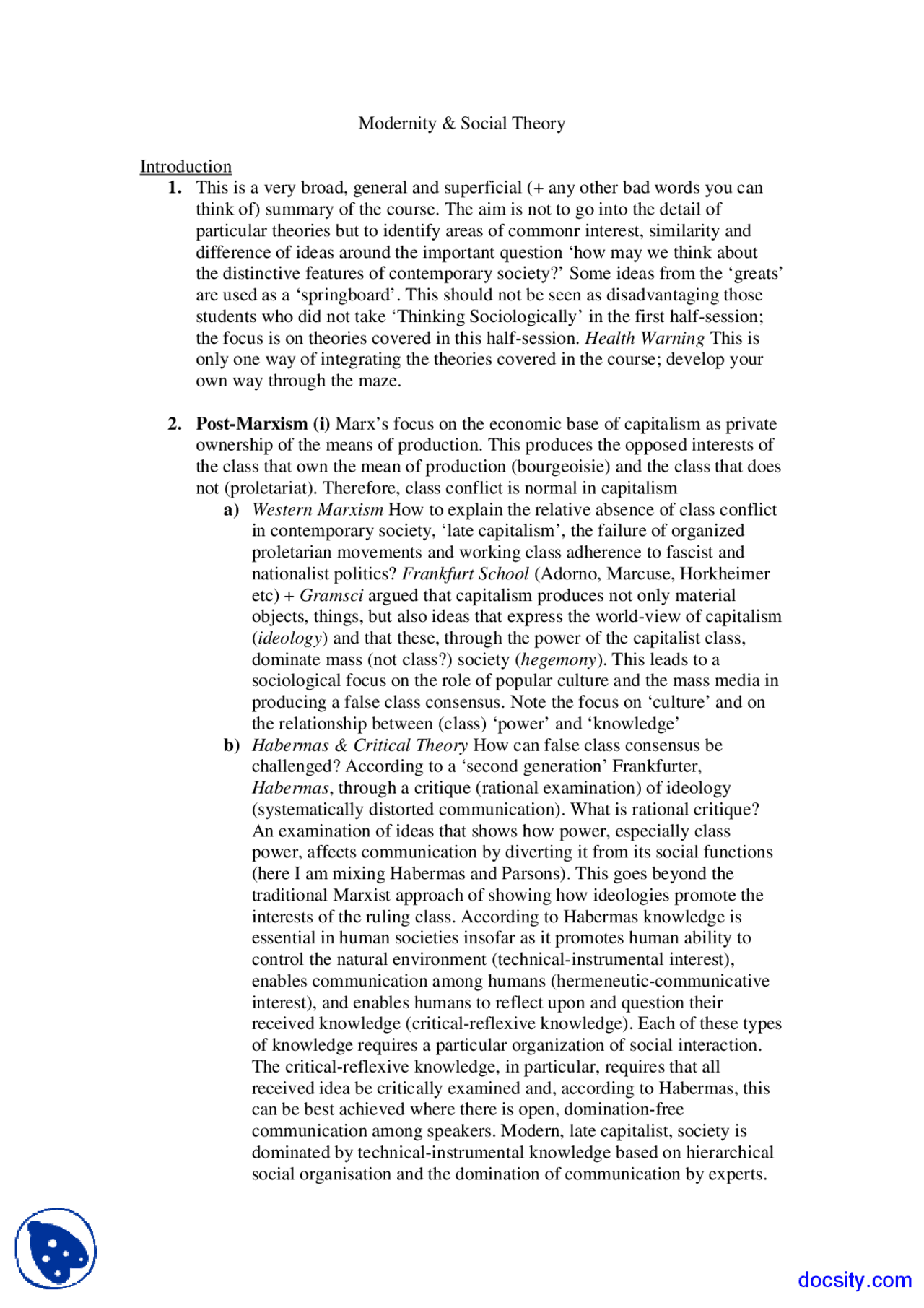 Critical Theory Post Marxism Modernity And Social Theory Lecture