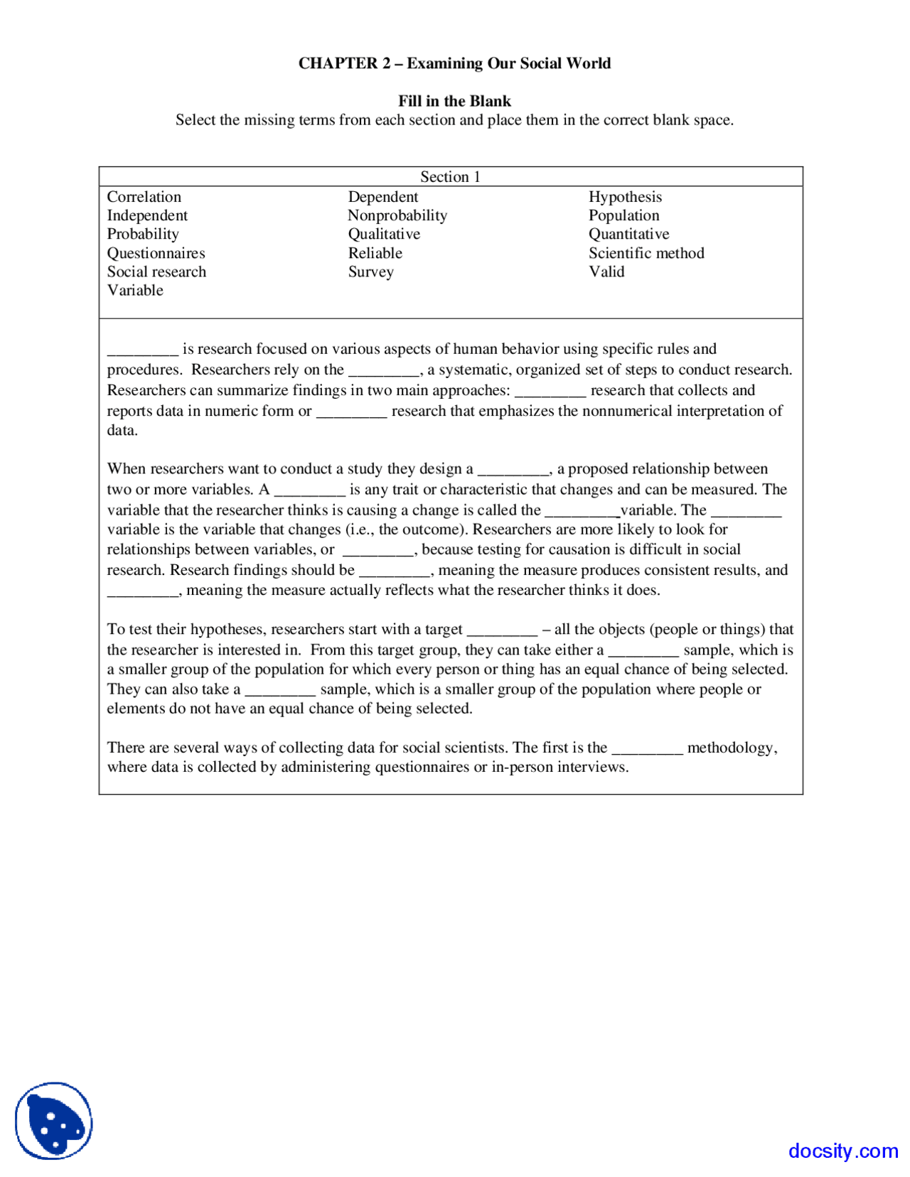 Correlation Sociological Imagination Quiz Docsity