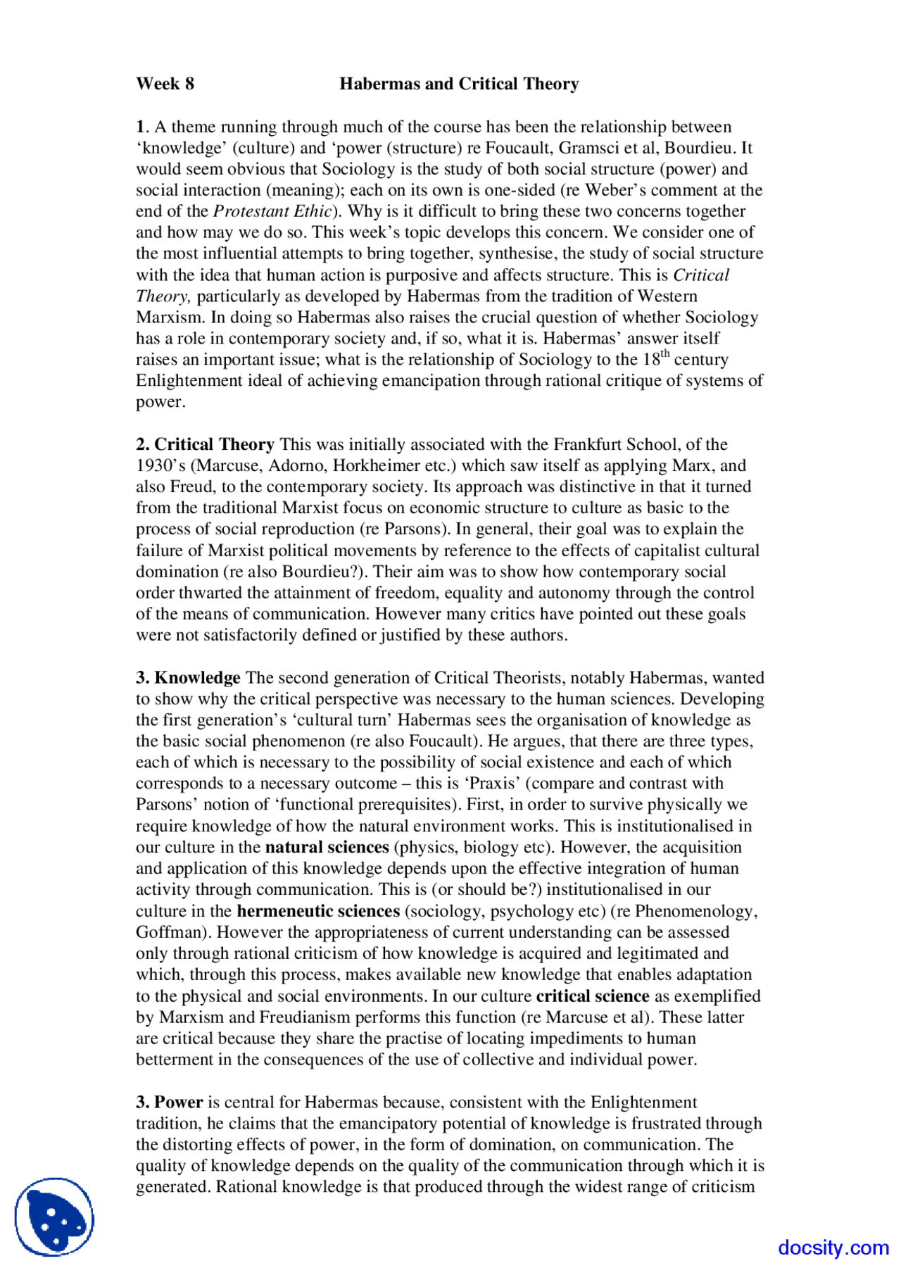 Second Generation - Modernity and Social Theory - Lecture Notes - Docsity
