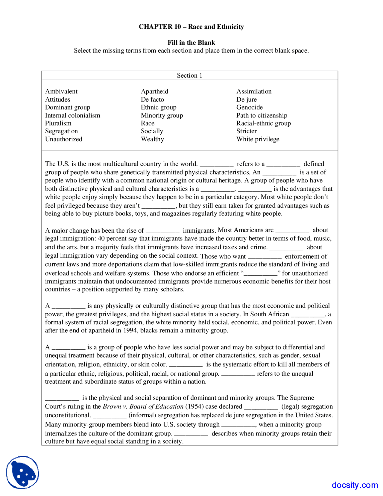 Race And Ethnicity Sociological Imagination Quiz Docsity