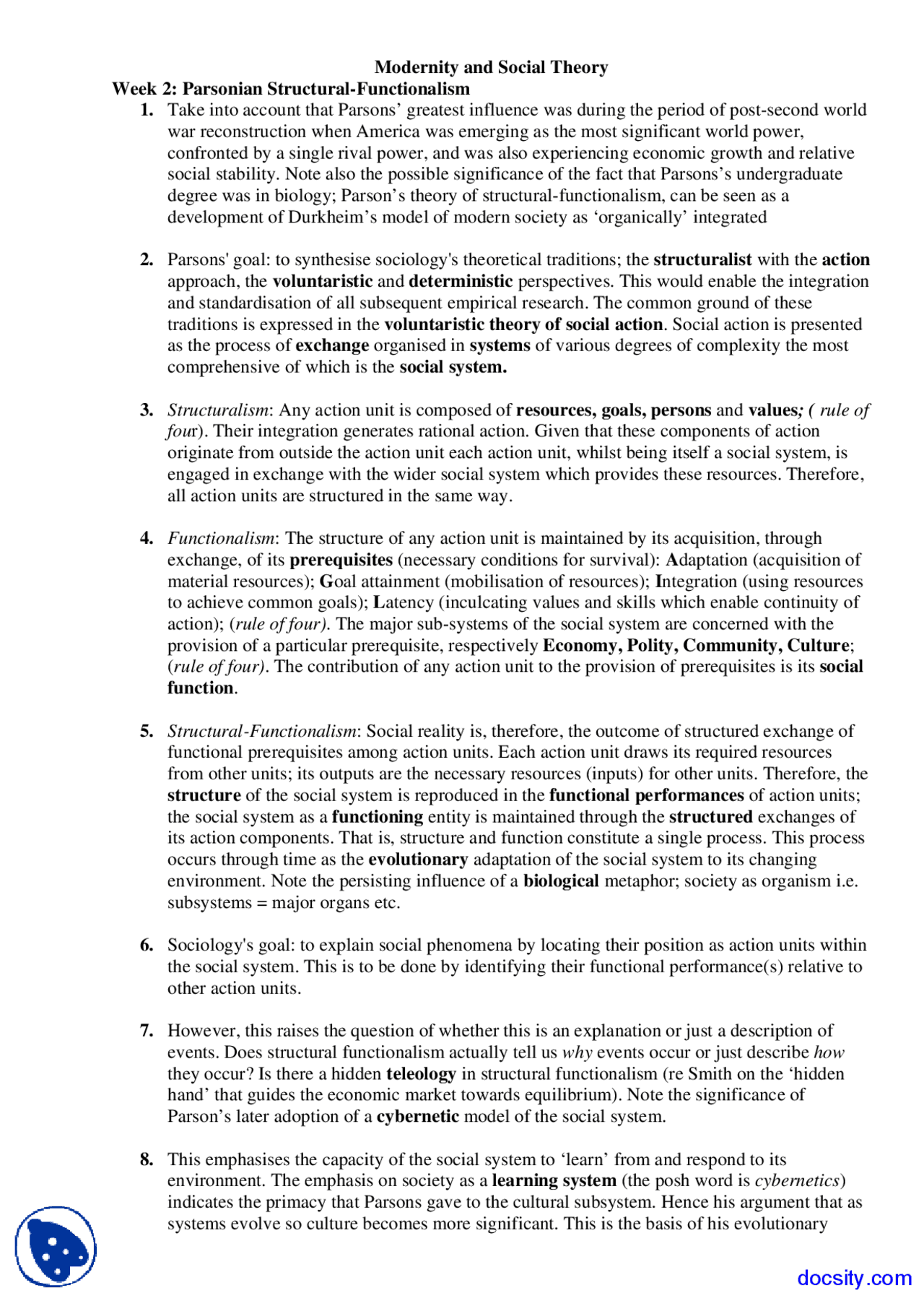 Structural Functionalism Modernity And Social Theory Lecture Notes