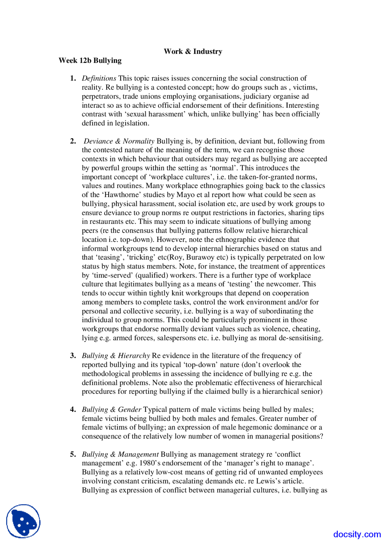 Deviance And Normality Bullying Work And Industry Lecture Notes